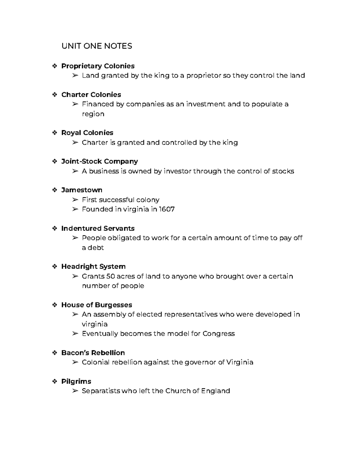 AP US History - UNIT ONE NOTES Proprietary Colonies Land granted by the ...