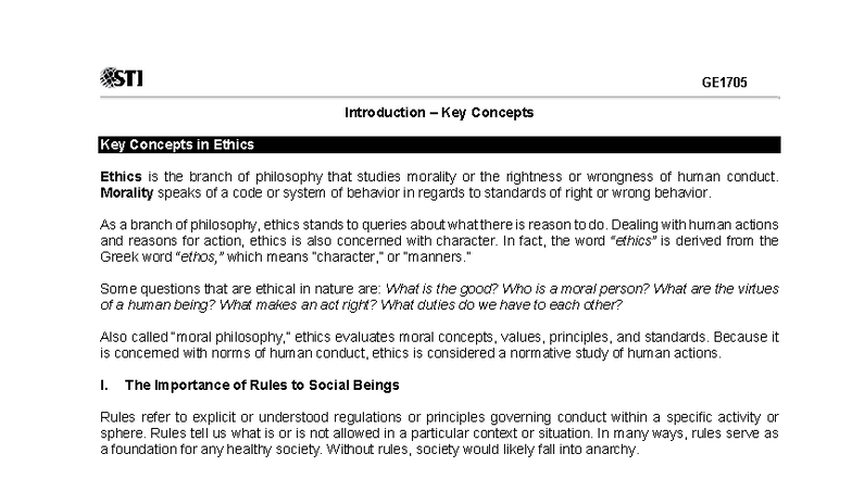 GE1705 Introduction to Key Concepts in Ethics and Morality - Studocu
