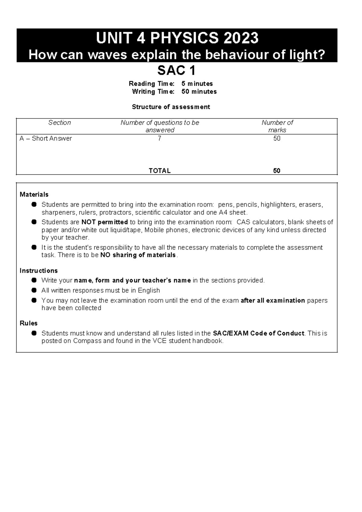 U4 AOS1 SAC 1 Waves Assessment Details - Modified 2023 - Studocu