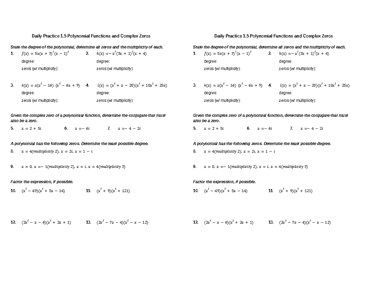 DP 1.5: Polynomial Functions & Complex Zeros Practice - Studocu