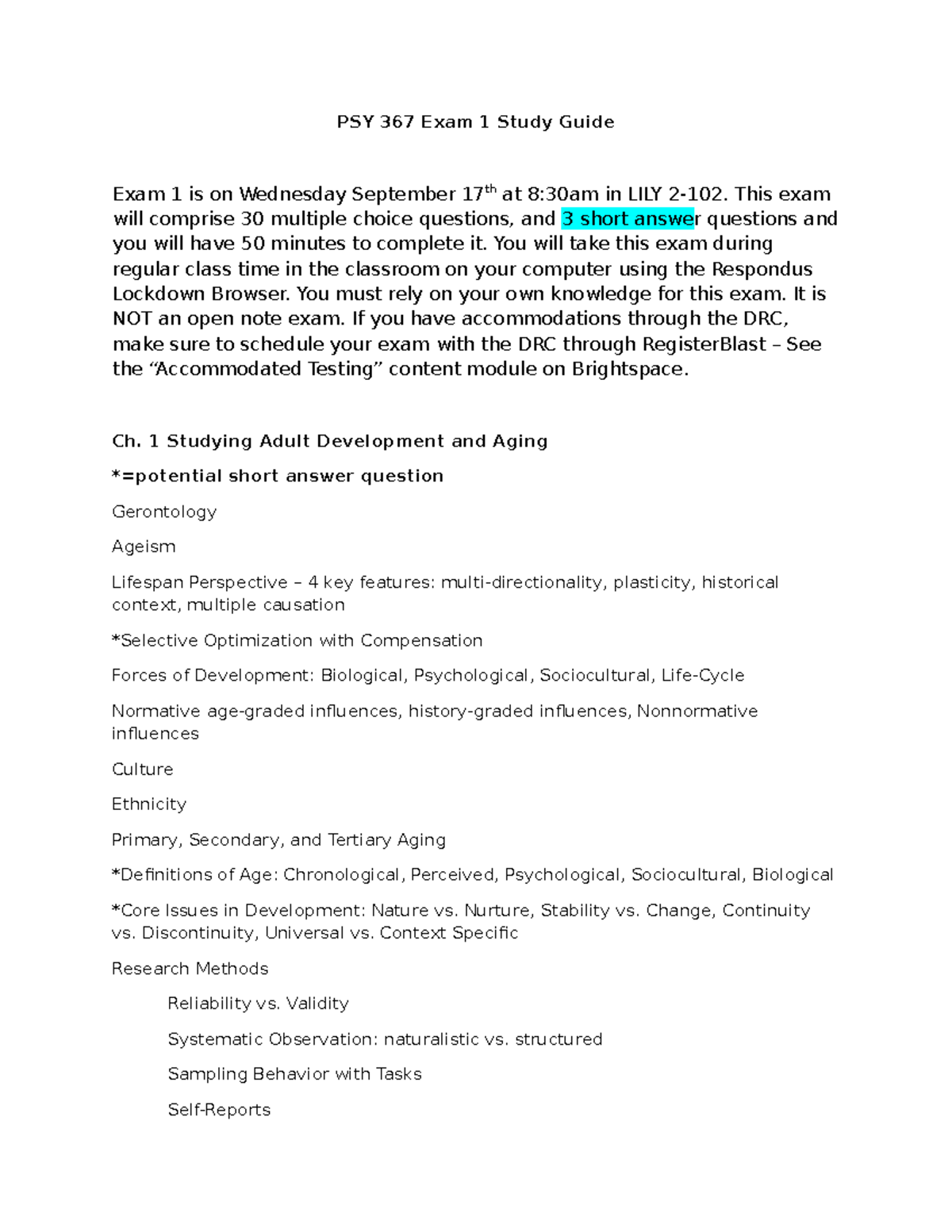 PSY 367 Exam 1 Study Guide: Key Topics in Adult Development - Studocu