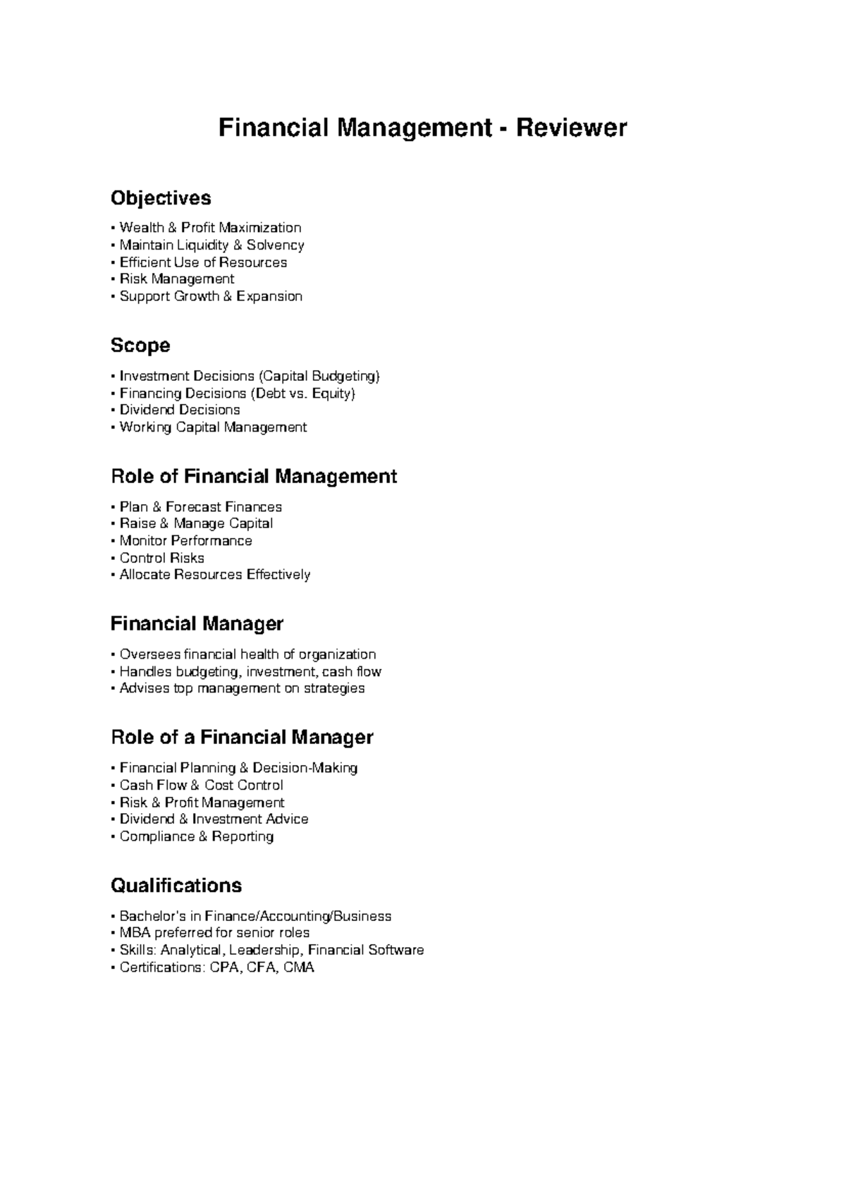 Financial Management Reviewer: Key Objectives & Skills Overview - Studocu