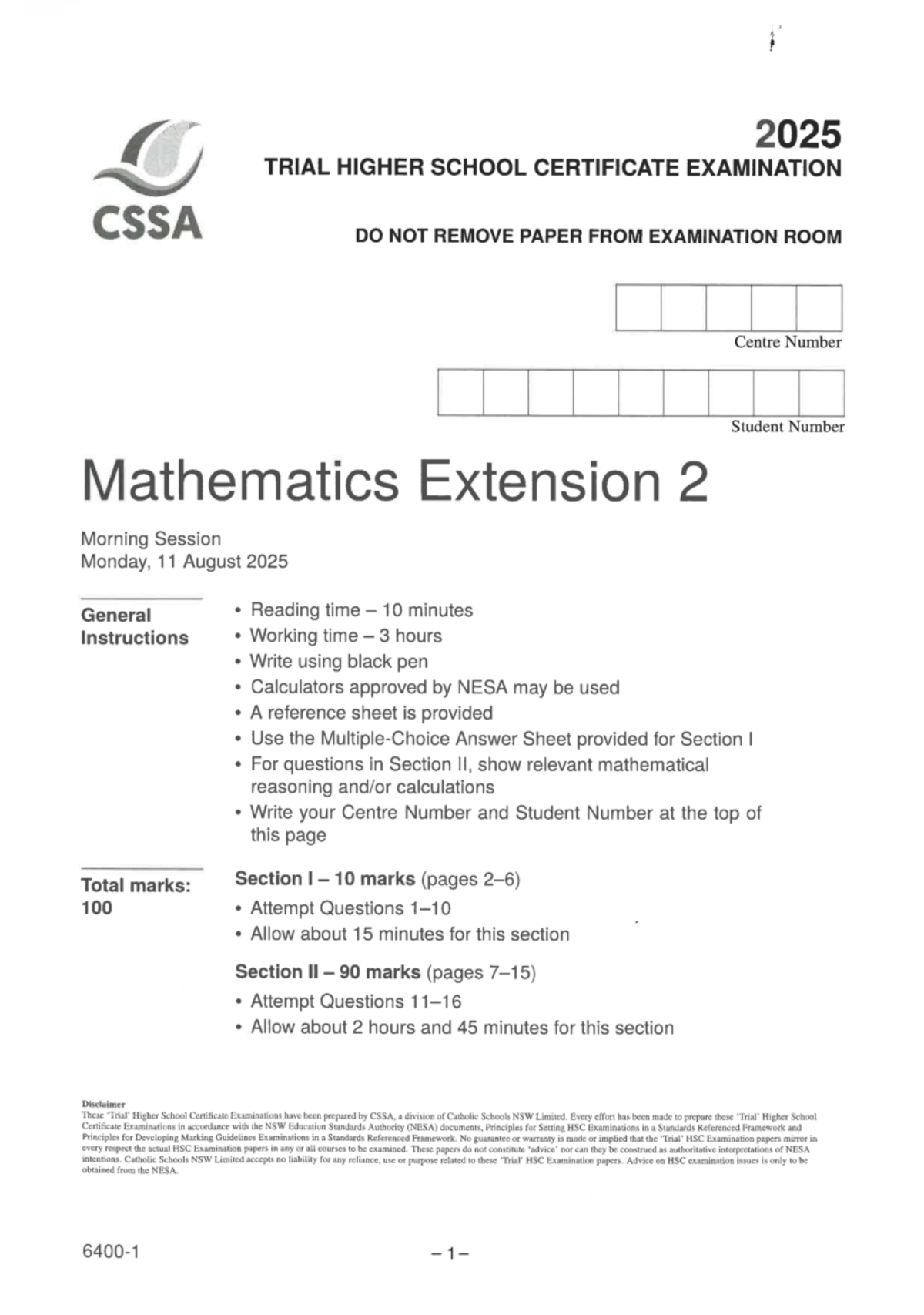 2025 CSSA Trial HSC Mathematics Extension 2 Exam Paper - Studocu