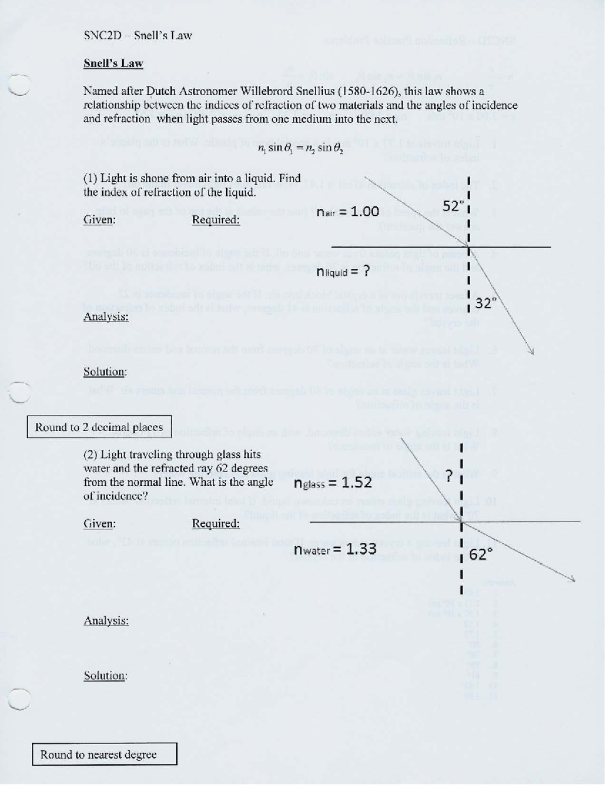 SNC2D Snell's law worksheet: calculating indices of refraction - Studocu