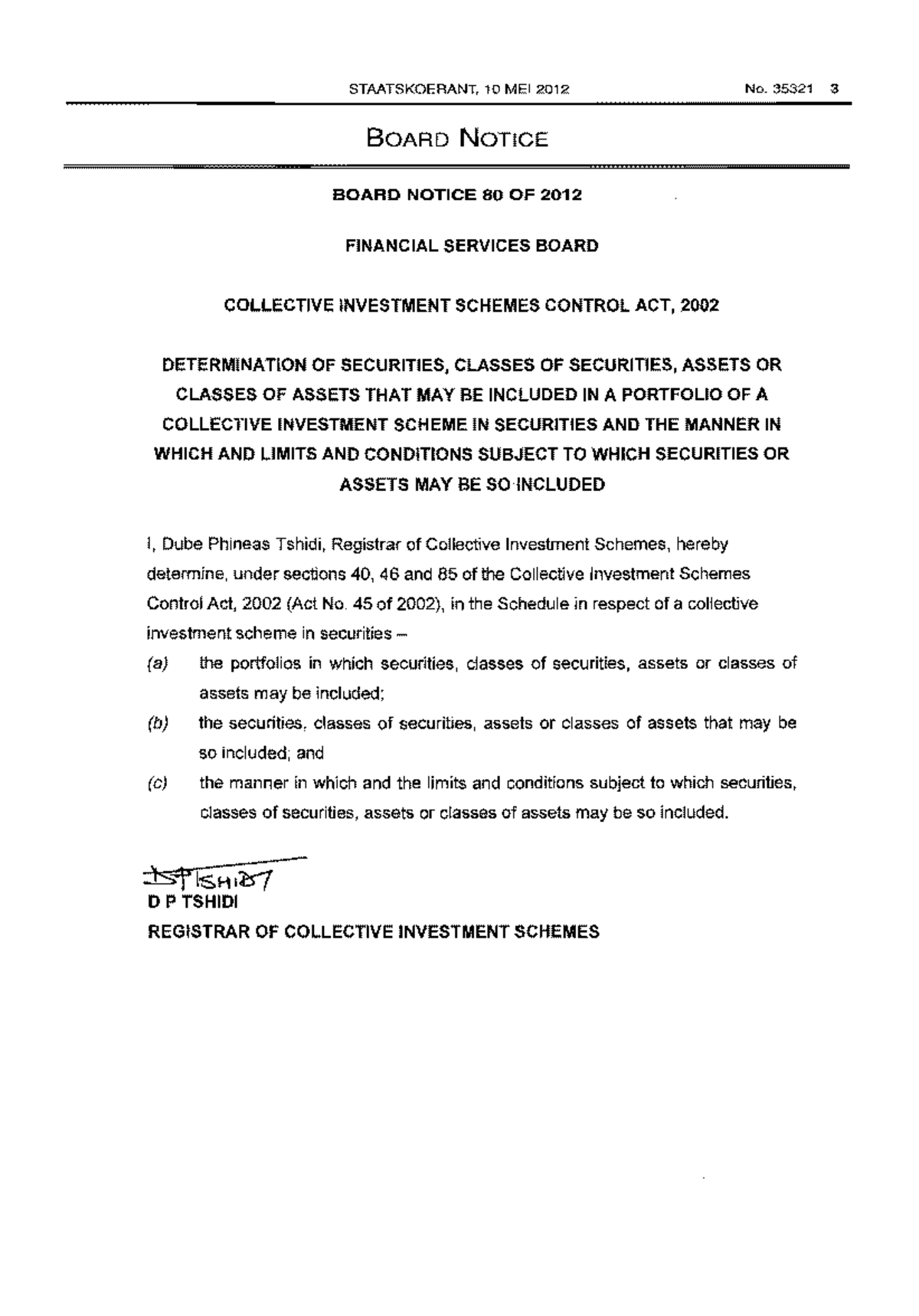 Board Notice 80 of 2012: Collective Investment Schemes Regulations ...