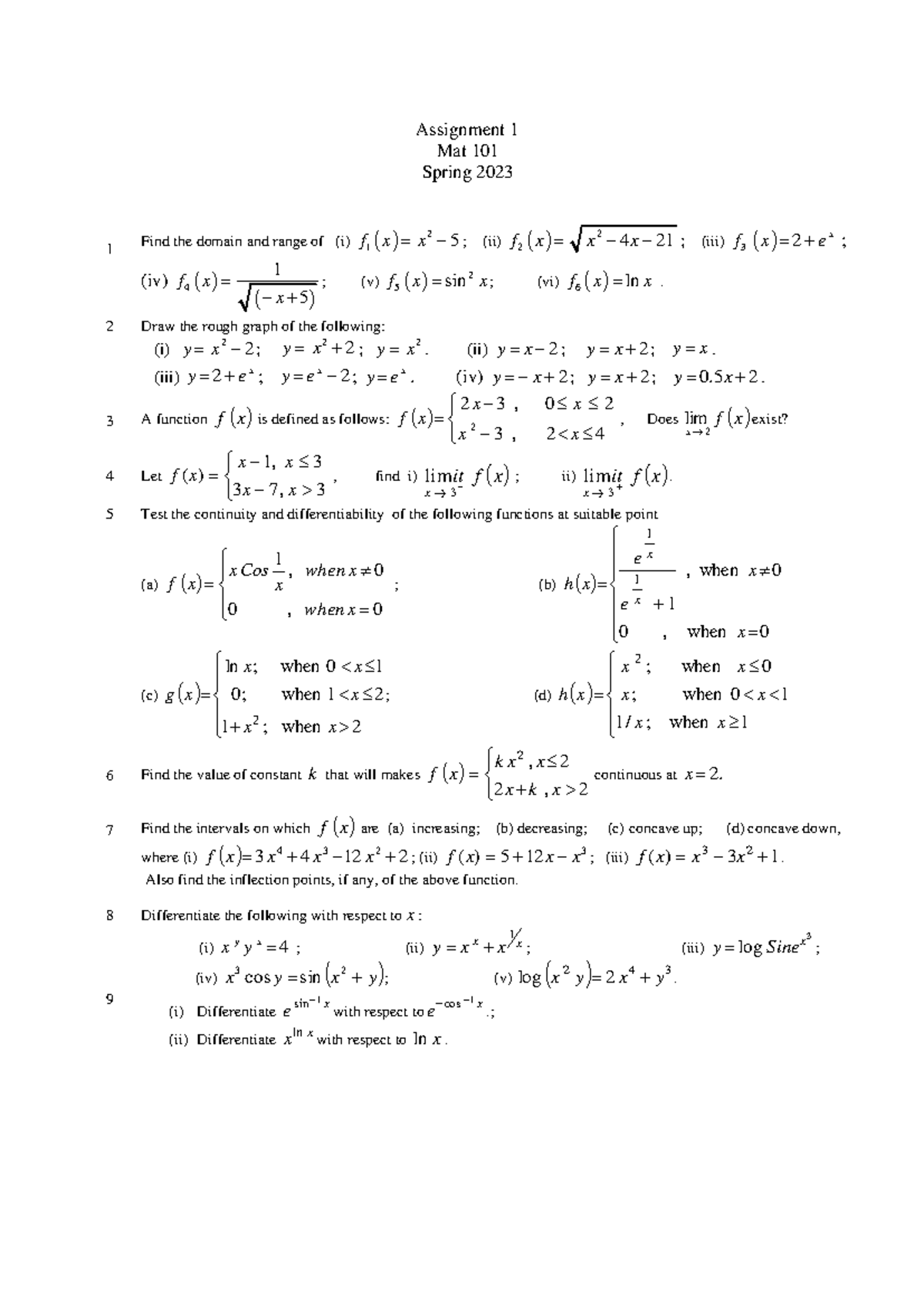 Assignment 1: Domain, Range, and Limits in Calculus (MAT 101) - Studocu