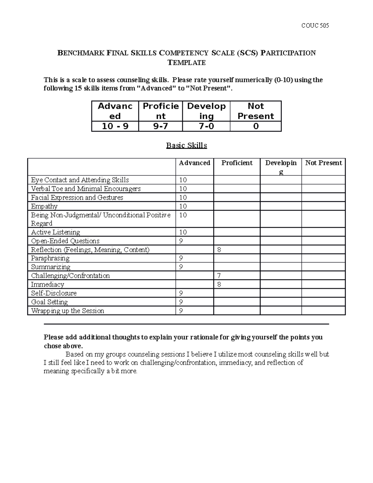 COUC 505 Benchmark Final Skills Competency Scale Assessment - Studocu