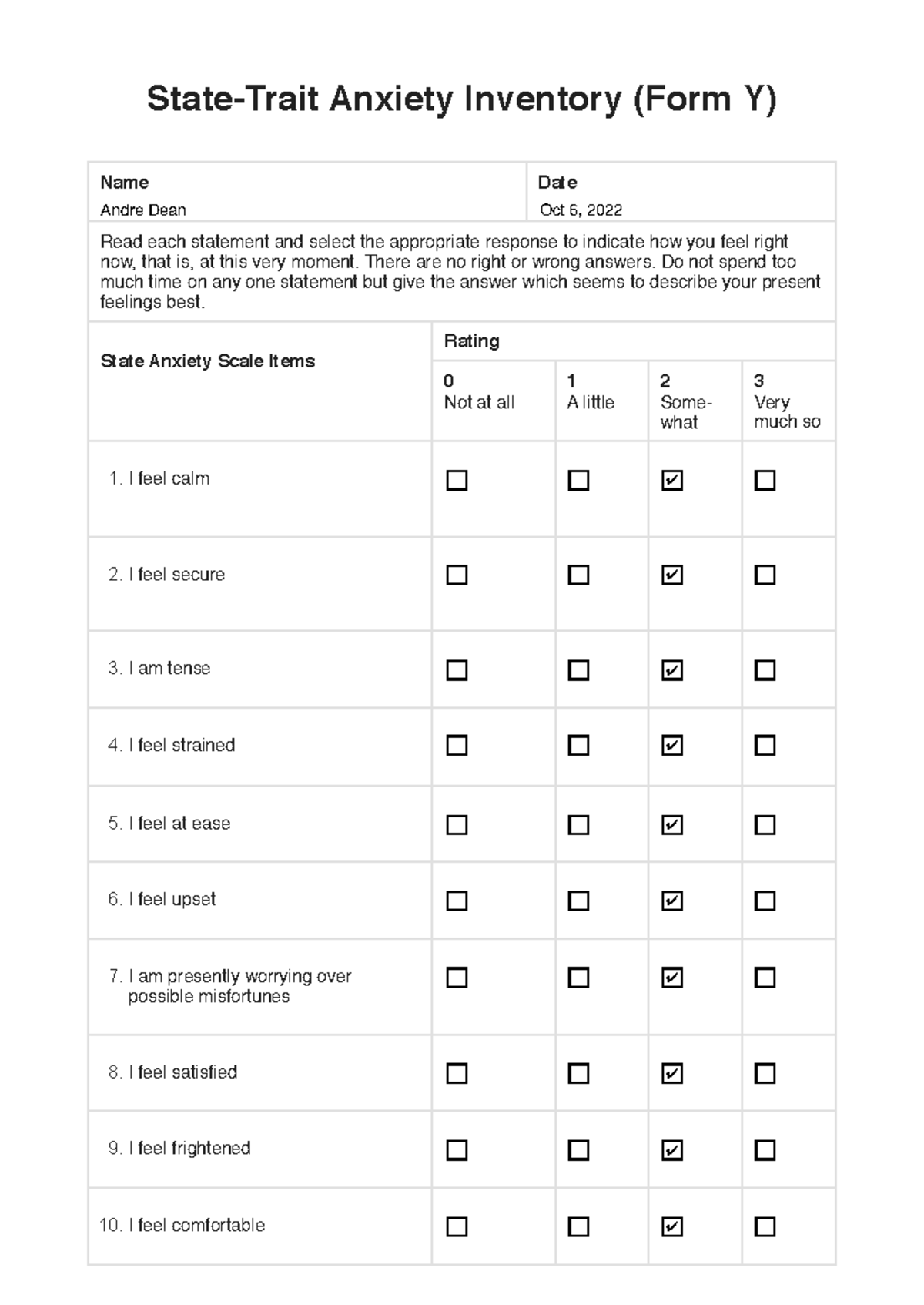 STAI 40 - State and Trait Anxiety Inventory Form Y - Studocu