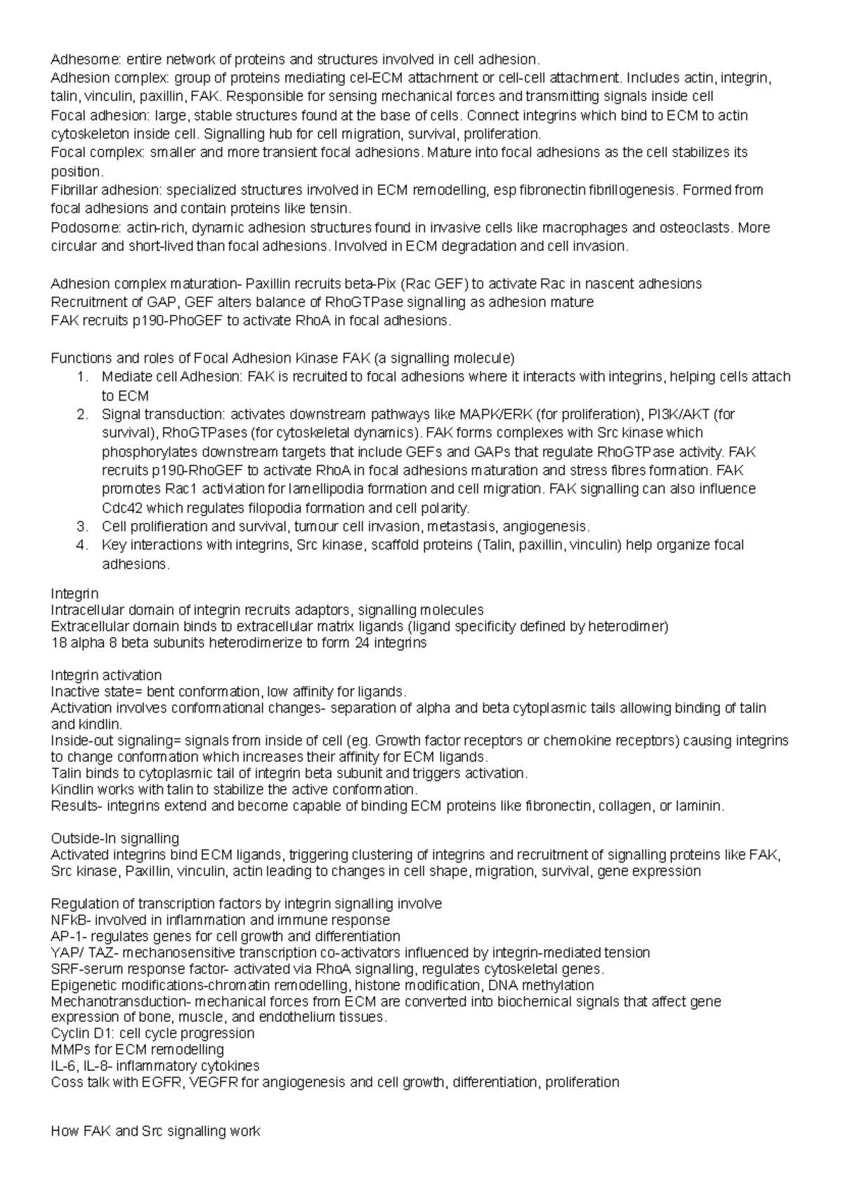 Cell Adhesion Notes: Understanding Adhesome and Focal Adhesions - Studocu