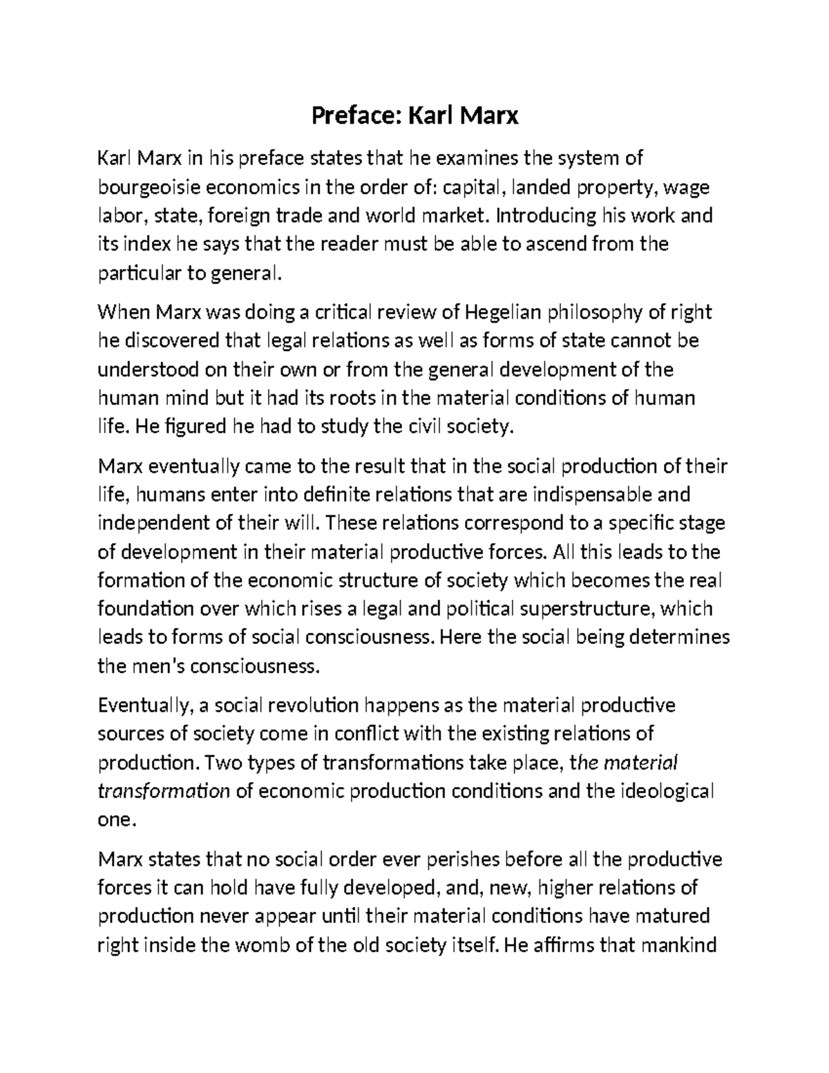 Preface Marx - Key Concepts and Economic Foundations - Studocu