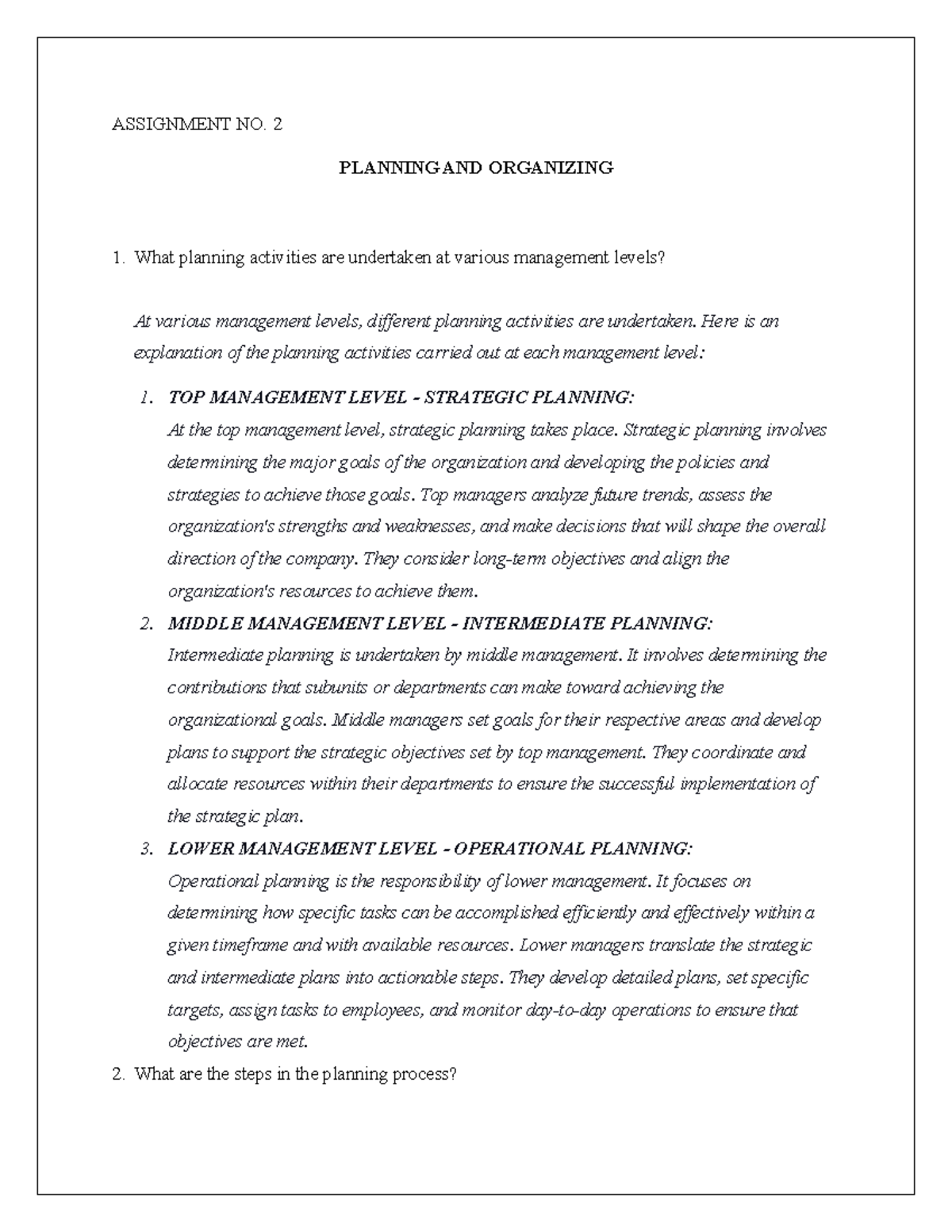Eng'g Management Assignment 2: Planning & Organizing Insights - Studocu