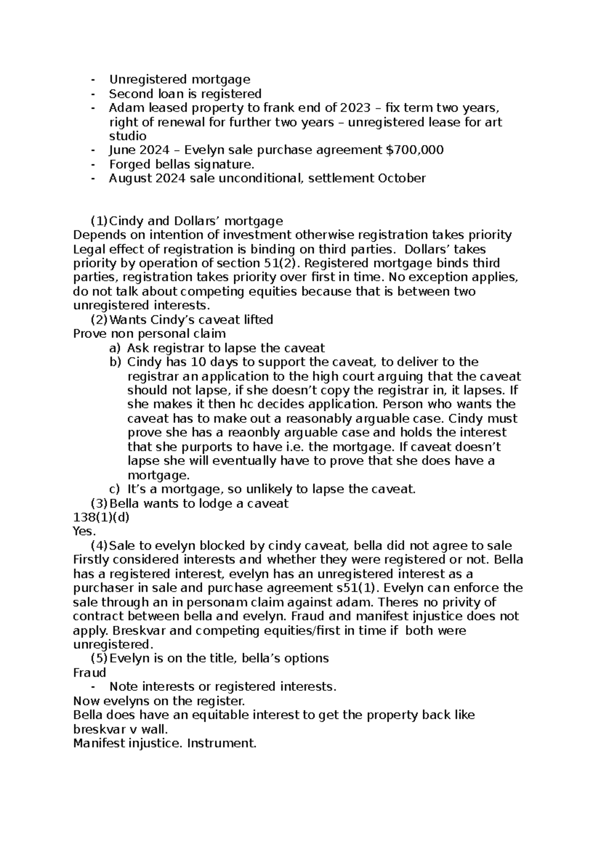 Mpi Mock Exam: Unregistered Mortgages and Caveats Analysis - Studocu