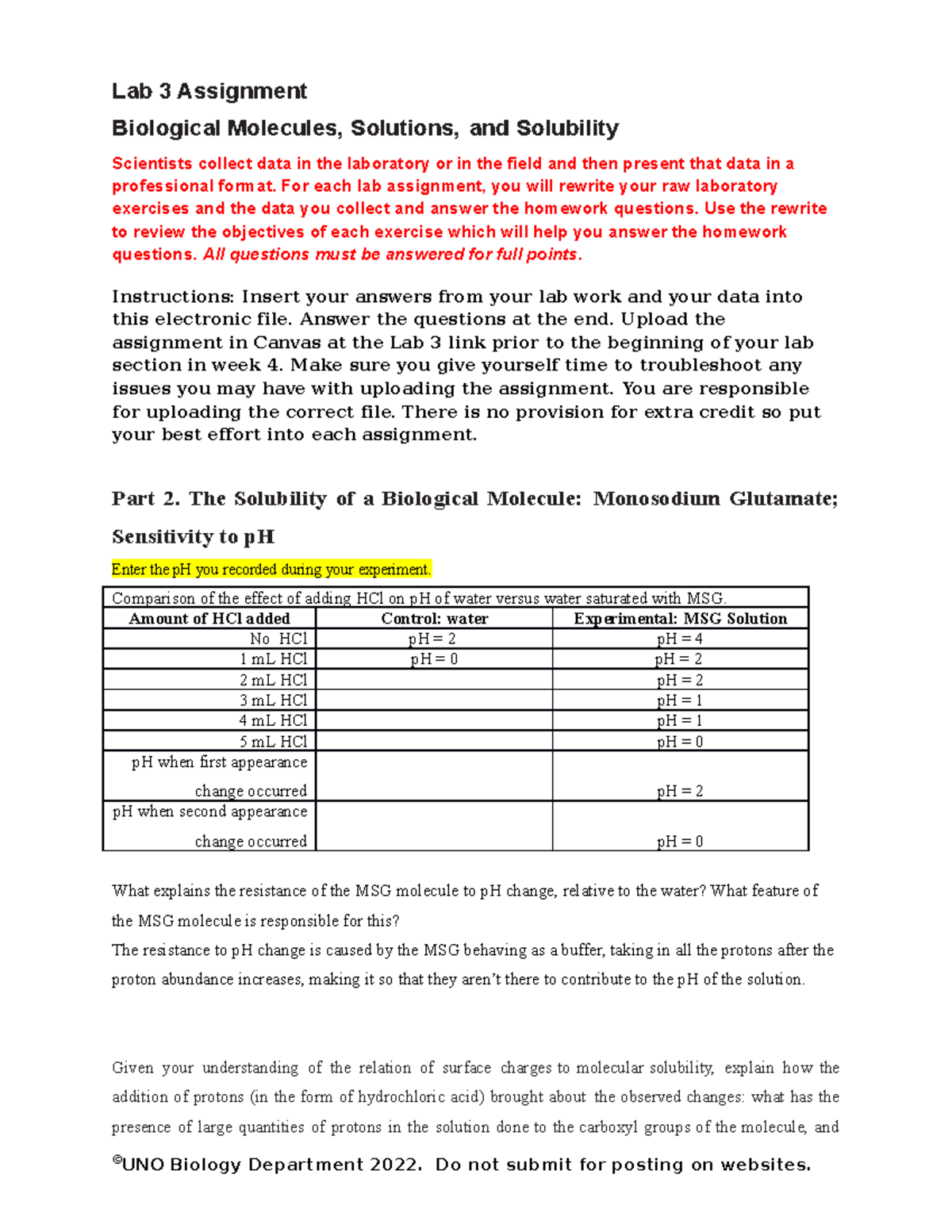 Lab 3 Assignment Submission - Lab 3 Assignment Biological Molecules, Solutions, and Solubility ...