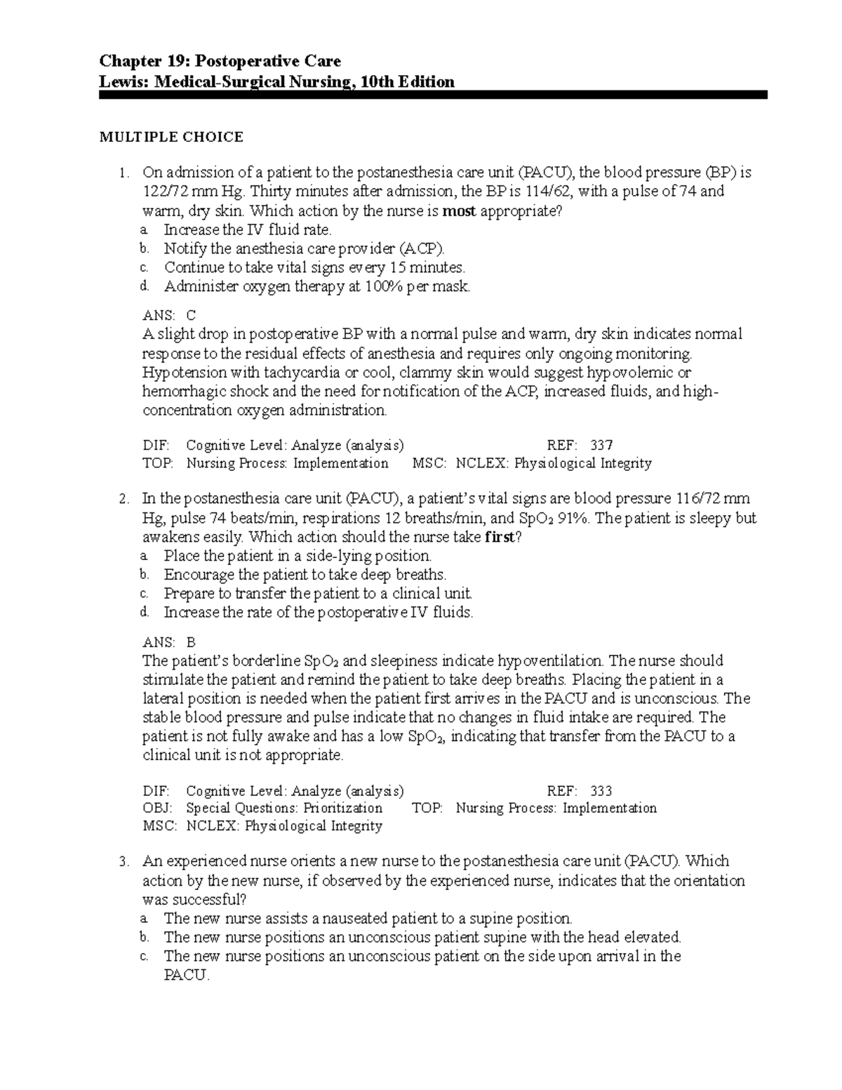 C19 - Postoperative Care Practice Questions for Nursing Students - Studocu