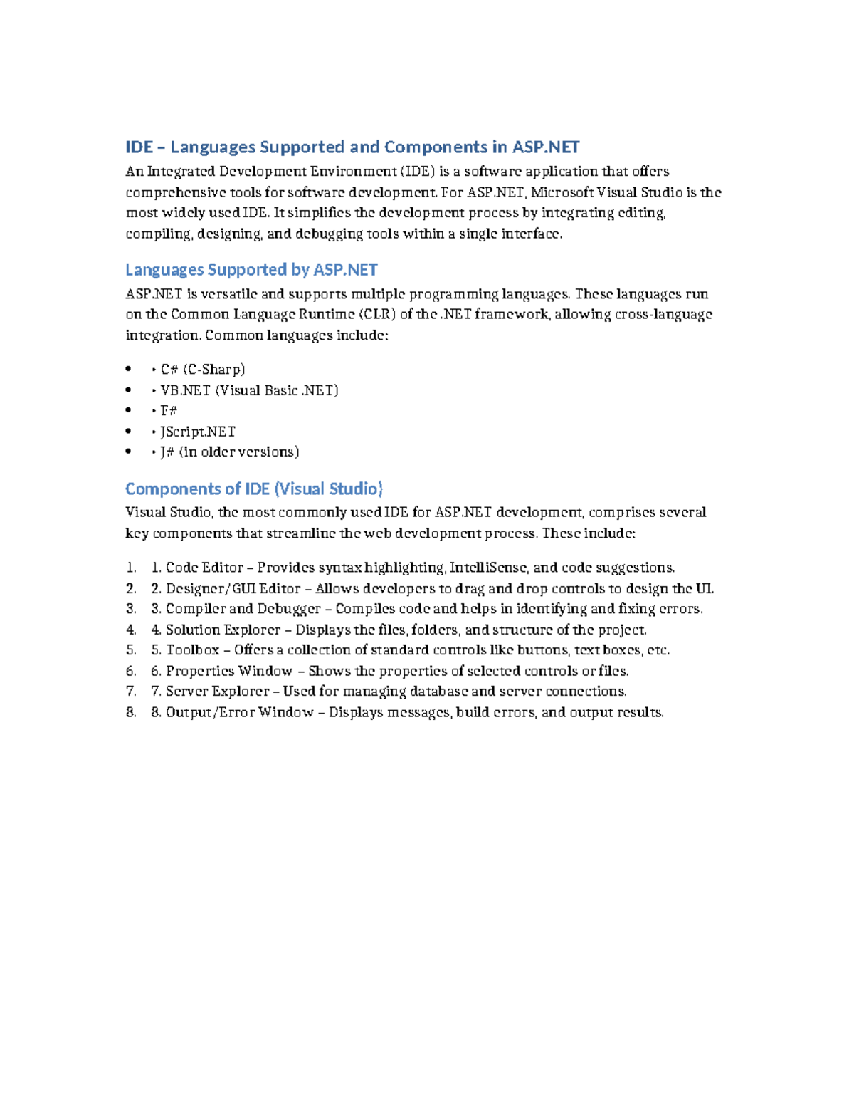 IDE Languages & Components in ASP.NET Development Guide - Studocu