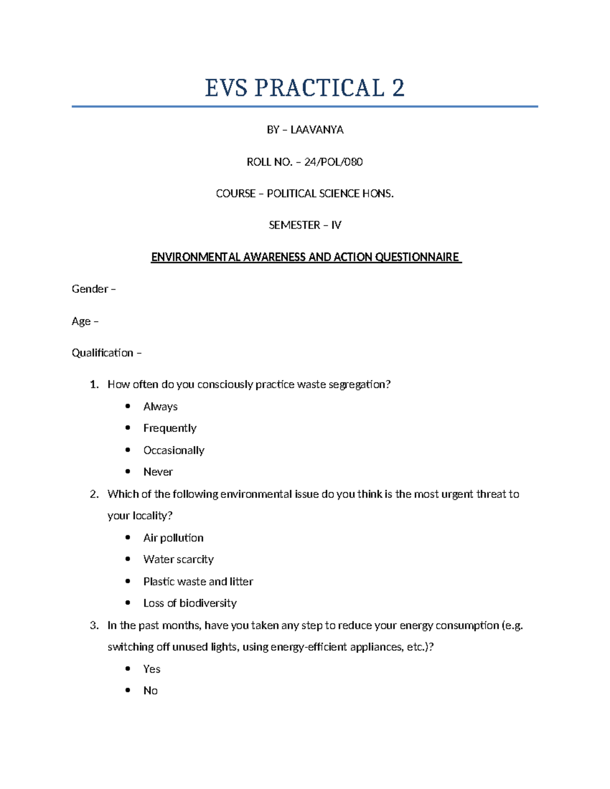 EVS Practical 2: Environmental Awareness Questionnaire Analysis - PS ...