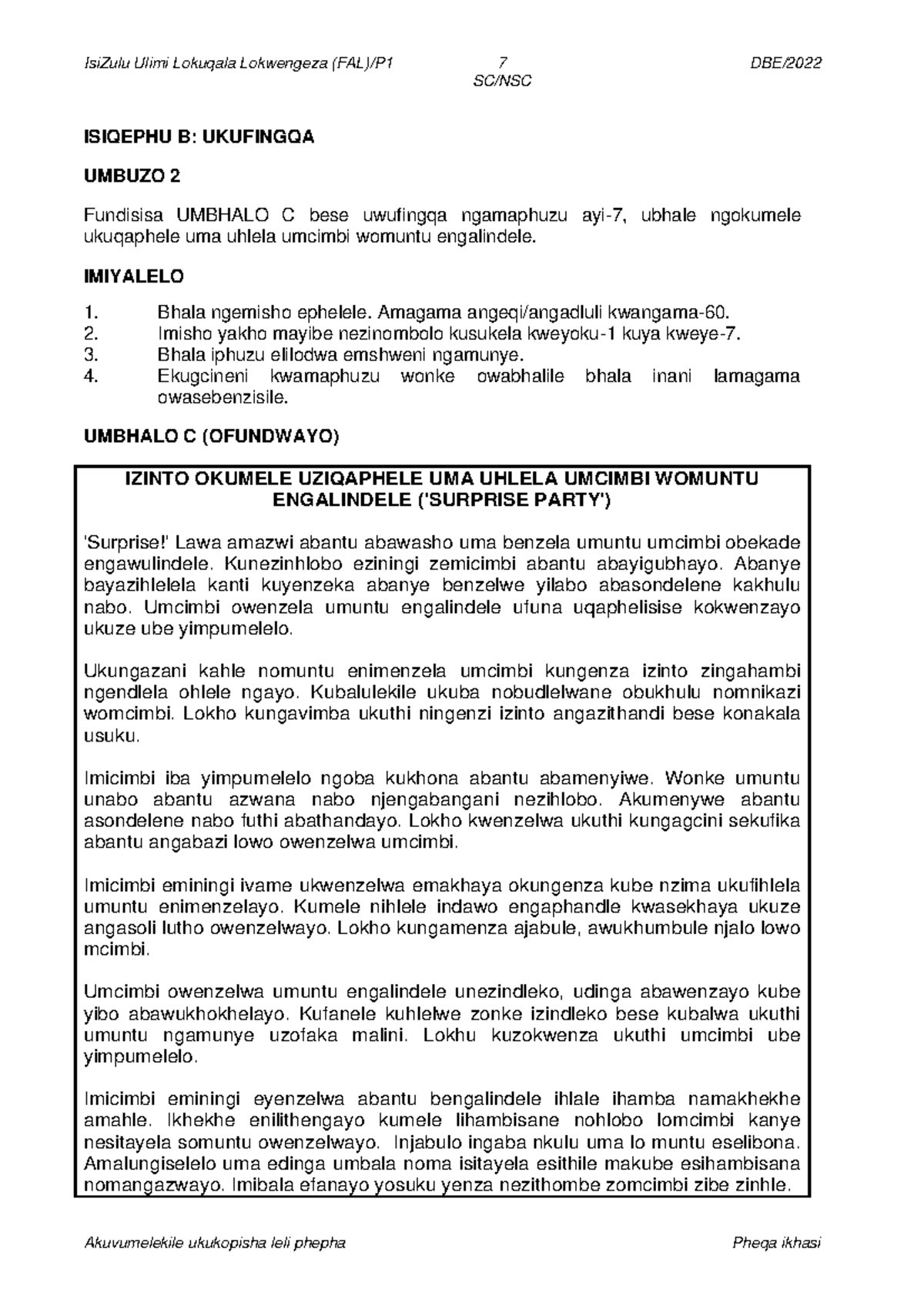 Ukufingqa Umsebenzi Wombhalo: Isehlakalo Somcimbi Ongalindele (FAL ...