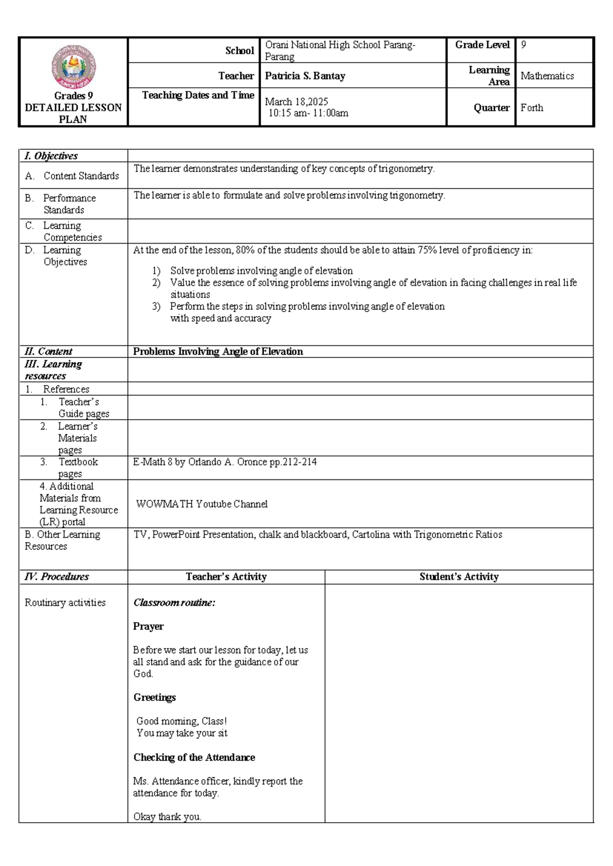 Grades 9 Mathematics Lesson Plan: Understanding Angle of Elevation ...