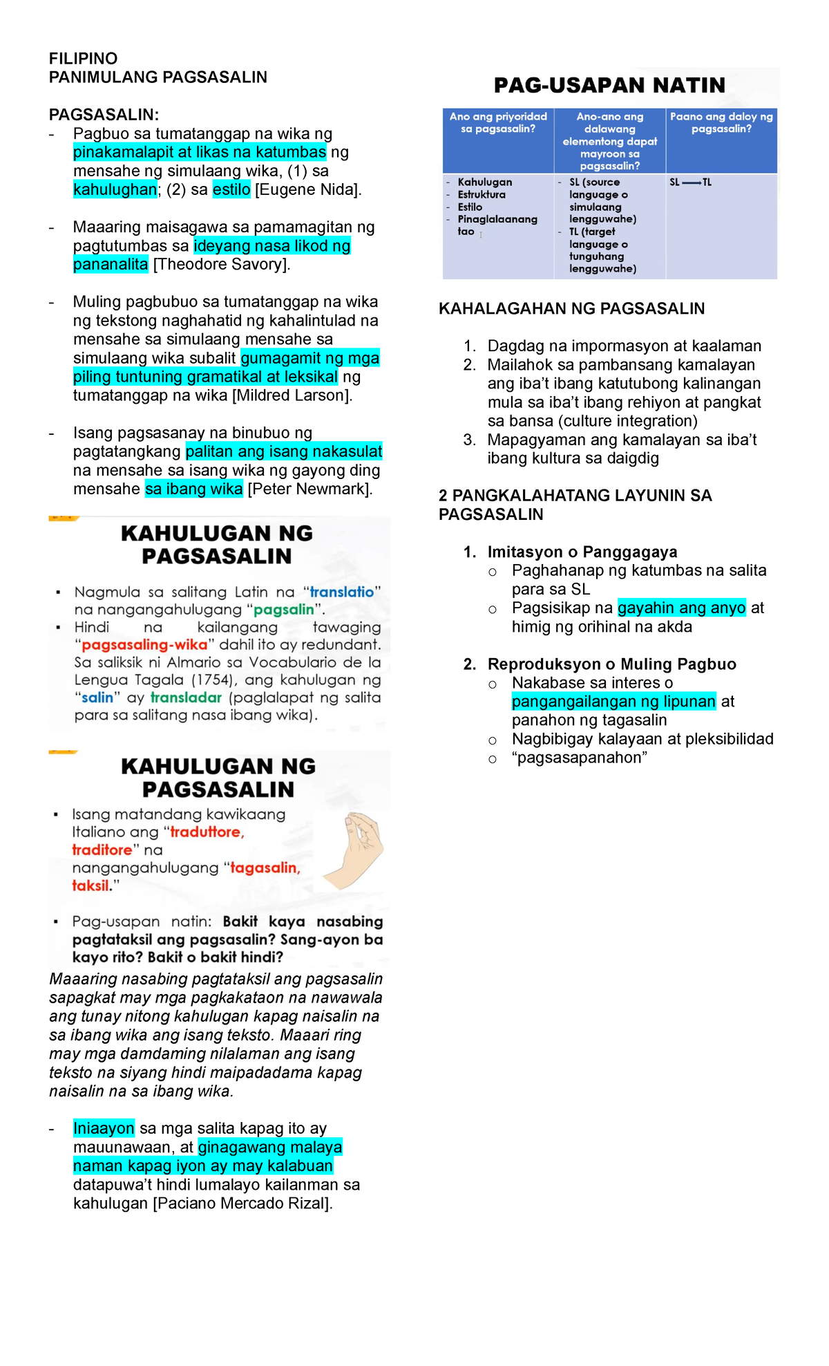 Pagsasalin Notes - FILIPINO PANIMULANG PAGSASALIN PAGSASALIN: Pagbuo sa ...