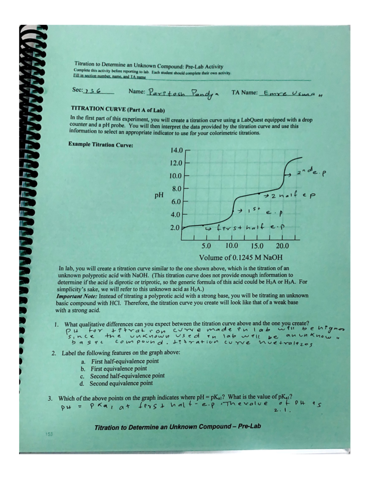 Pre Lab Titration - 3: Titration to Determine an Unknown Compound ...