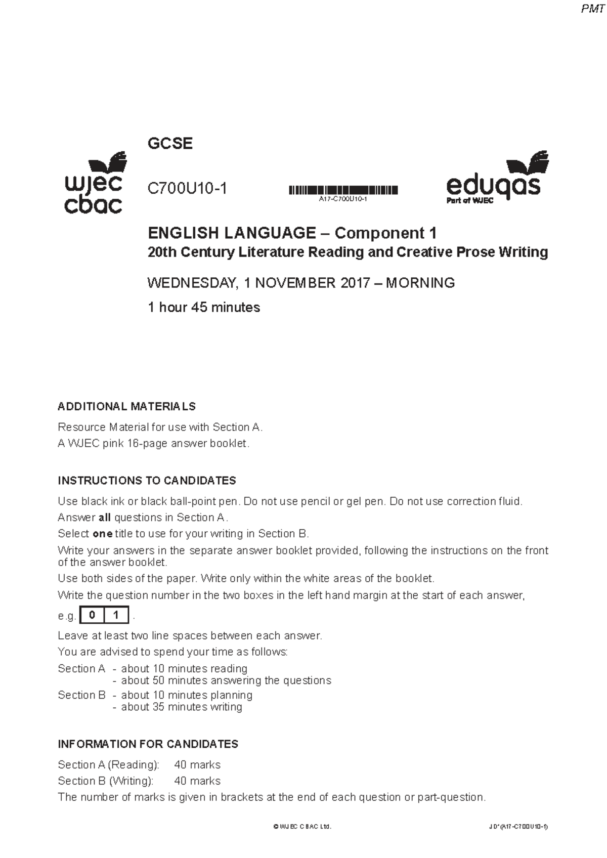 GCSE English Language PMT Nov 2017 Component 1 Exam Paper - Studocu