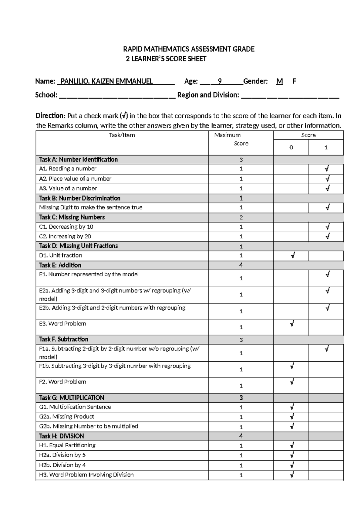RAPID MATHEMATICS ASSESSMENT GRADE 2 SCORE SHEET - Studocu