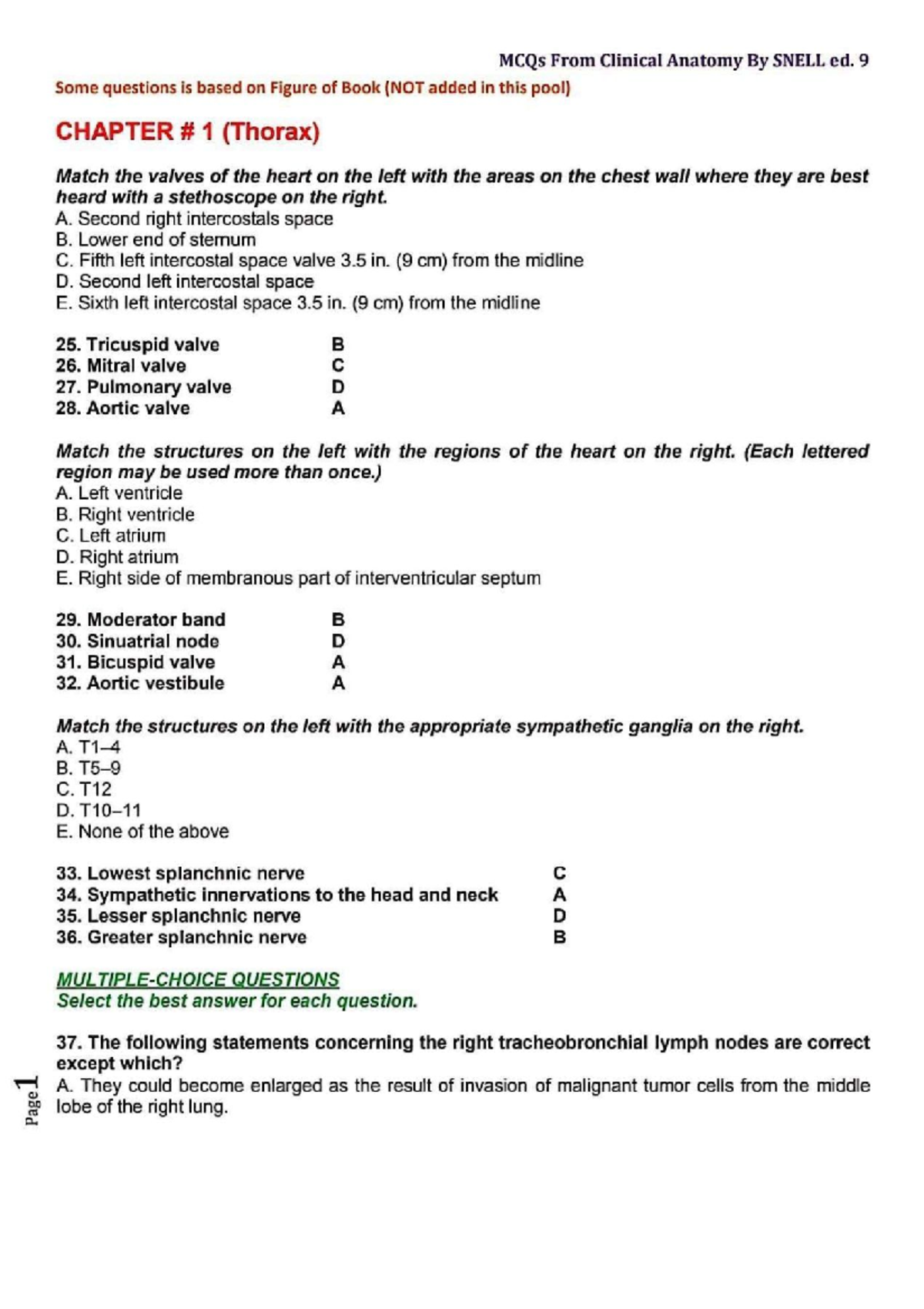 Quiz (1) MCQs on Clinical Anatomy - Thorax (SNELL ed. 9) - Studocu