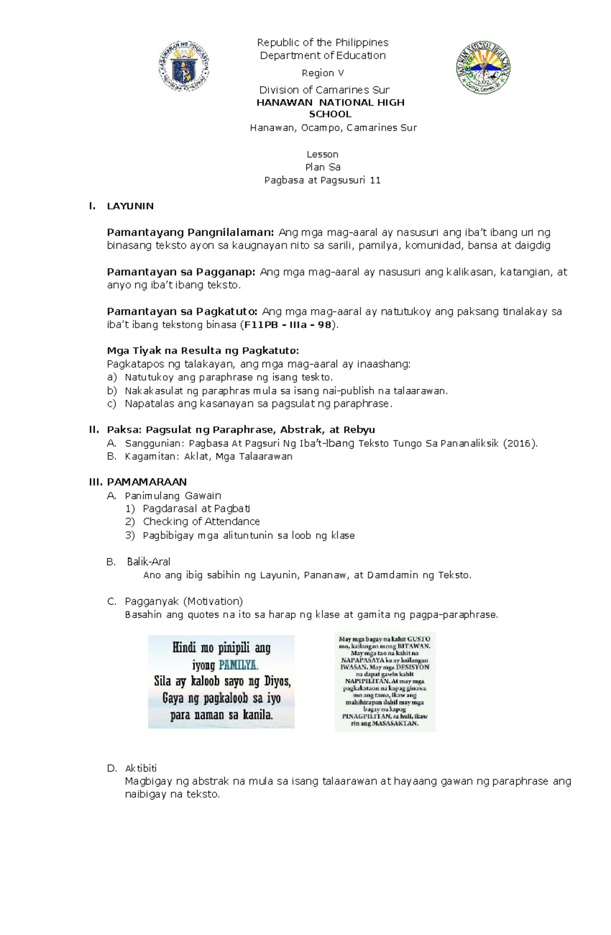 F11PB 98 Lesson plan sa pagbasa at pagsusuri ng teksto - Studocu