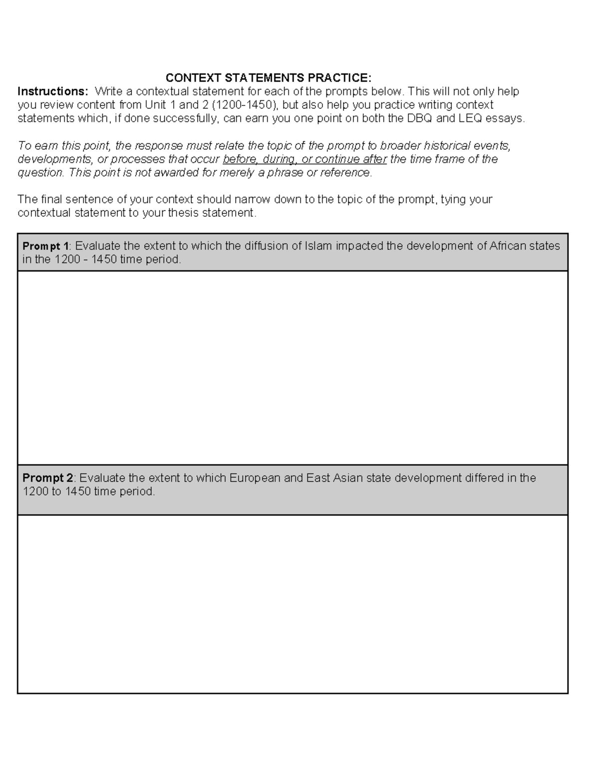 APWH Unit 1 & 2 Contextual Statements Practice (1200-1450) - Studocu