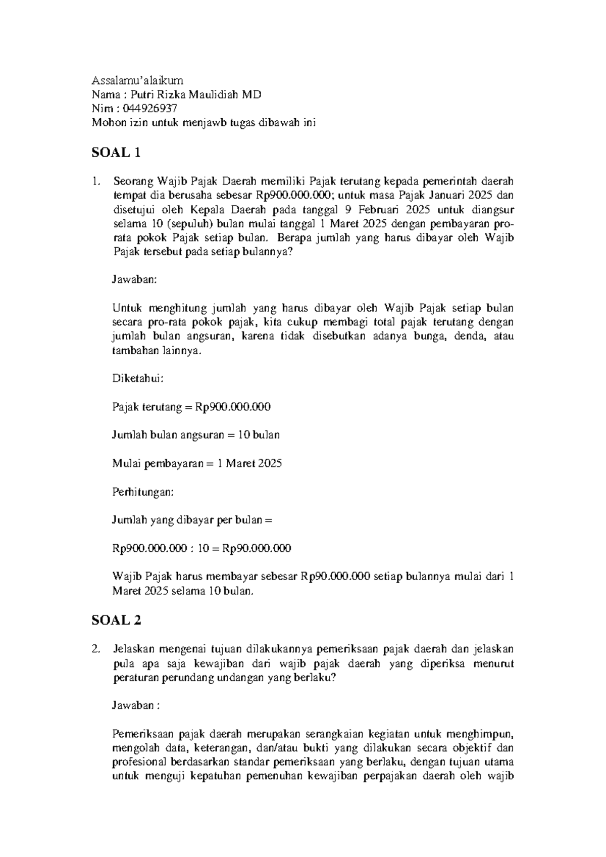 Tugas 6 Pajak Daerah (PAJA3357): Analisis dan Pembayaran Pajak Terutang - Studocu