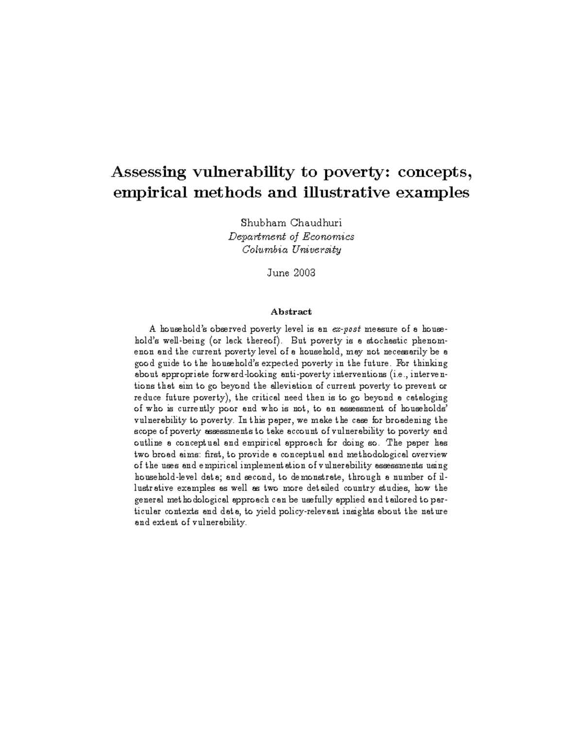 Assessing Vulnerability to Poverty: Concepts & Methods (Econ 101) - Studocu