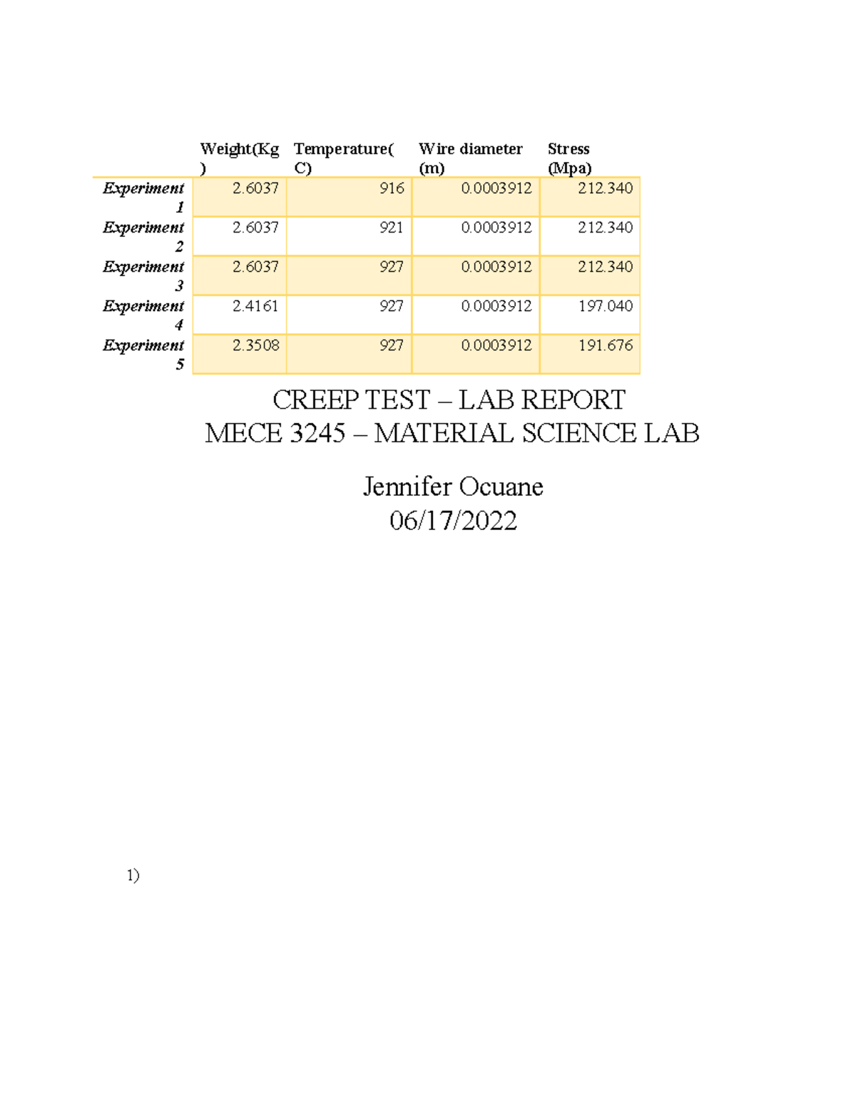 Creep Test Lab Report - MECE 3245 Material Science Analysis - Studocu