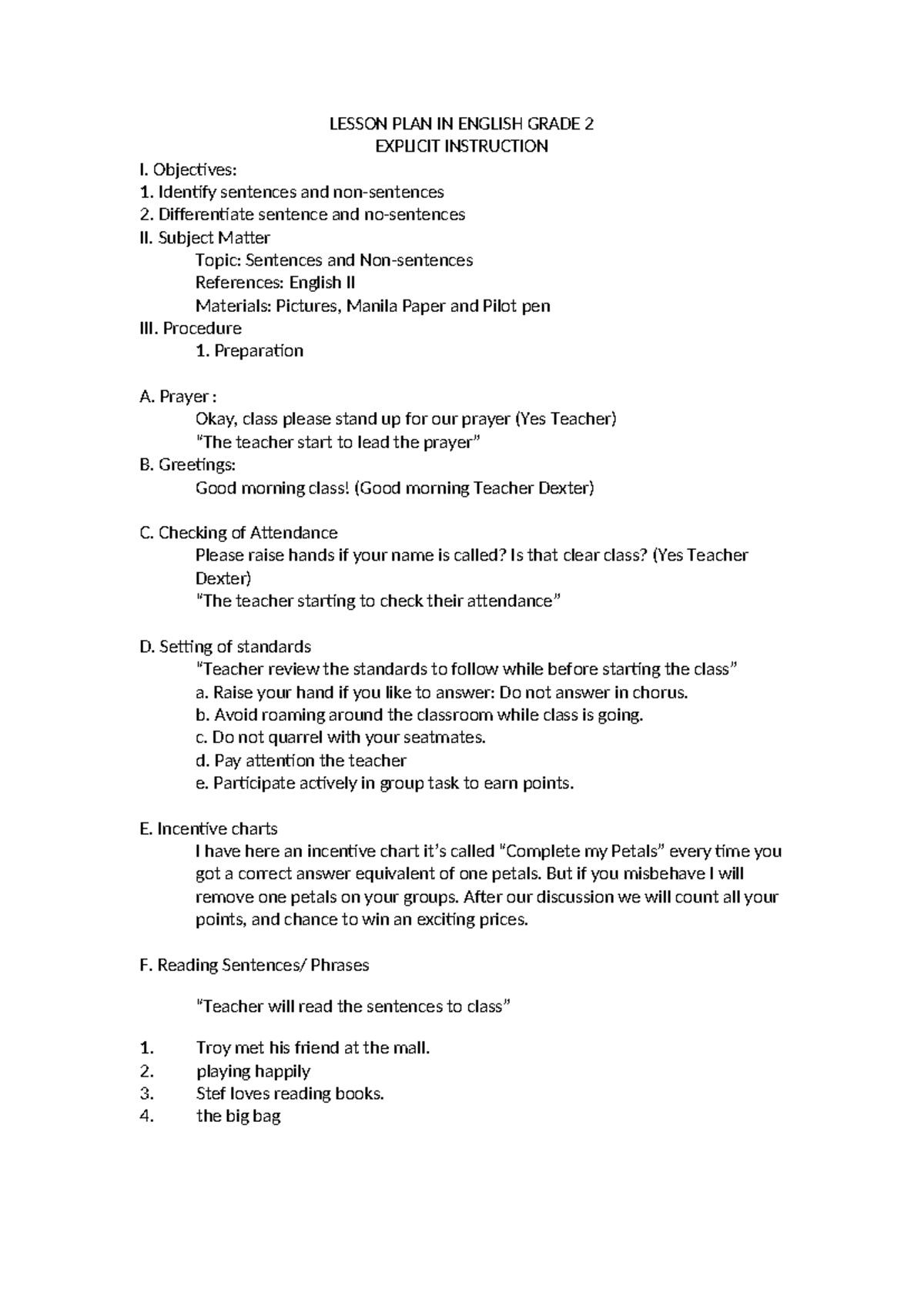 Lesson Plan for English Grade 2-1: Sentences vs Non-Sentences - Studocu