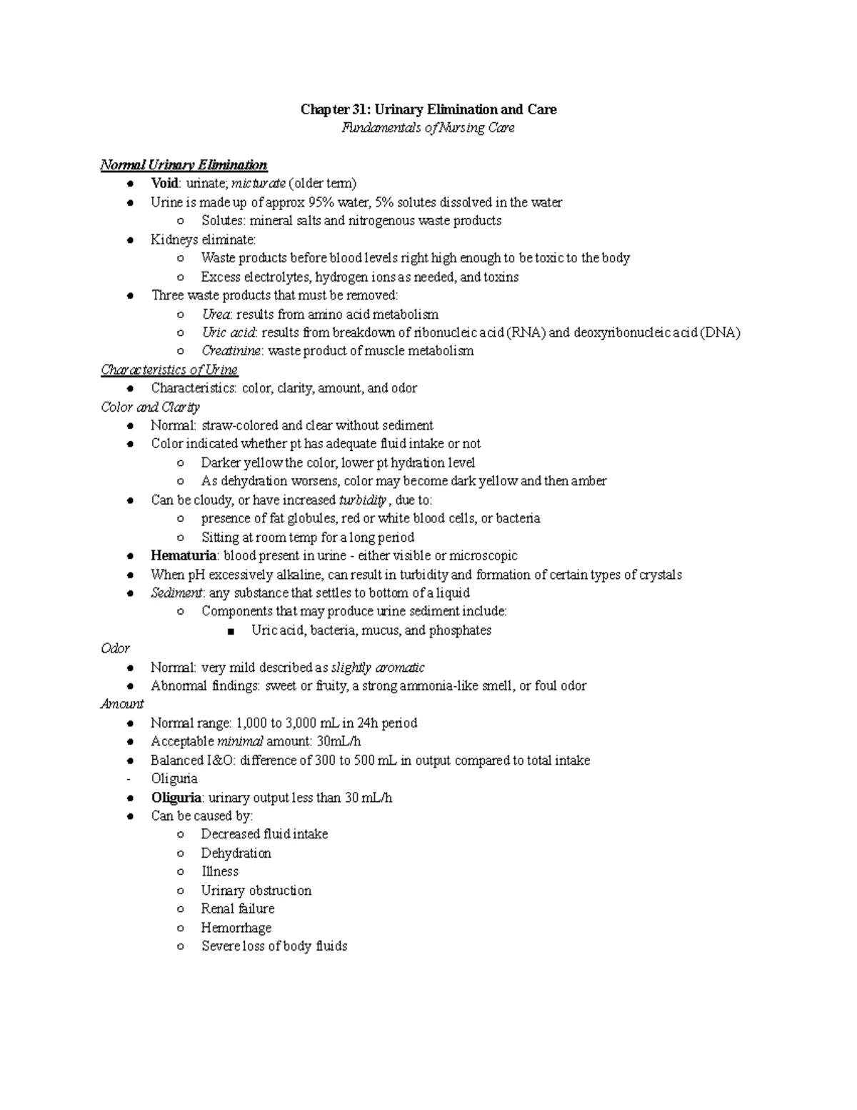 chapter 31 study guide - CHAPTER 31 Urinary Elimination and Care Part 1. Key Terms Review Match ...