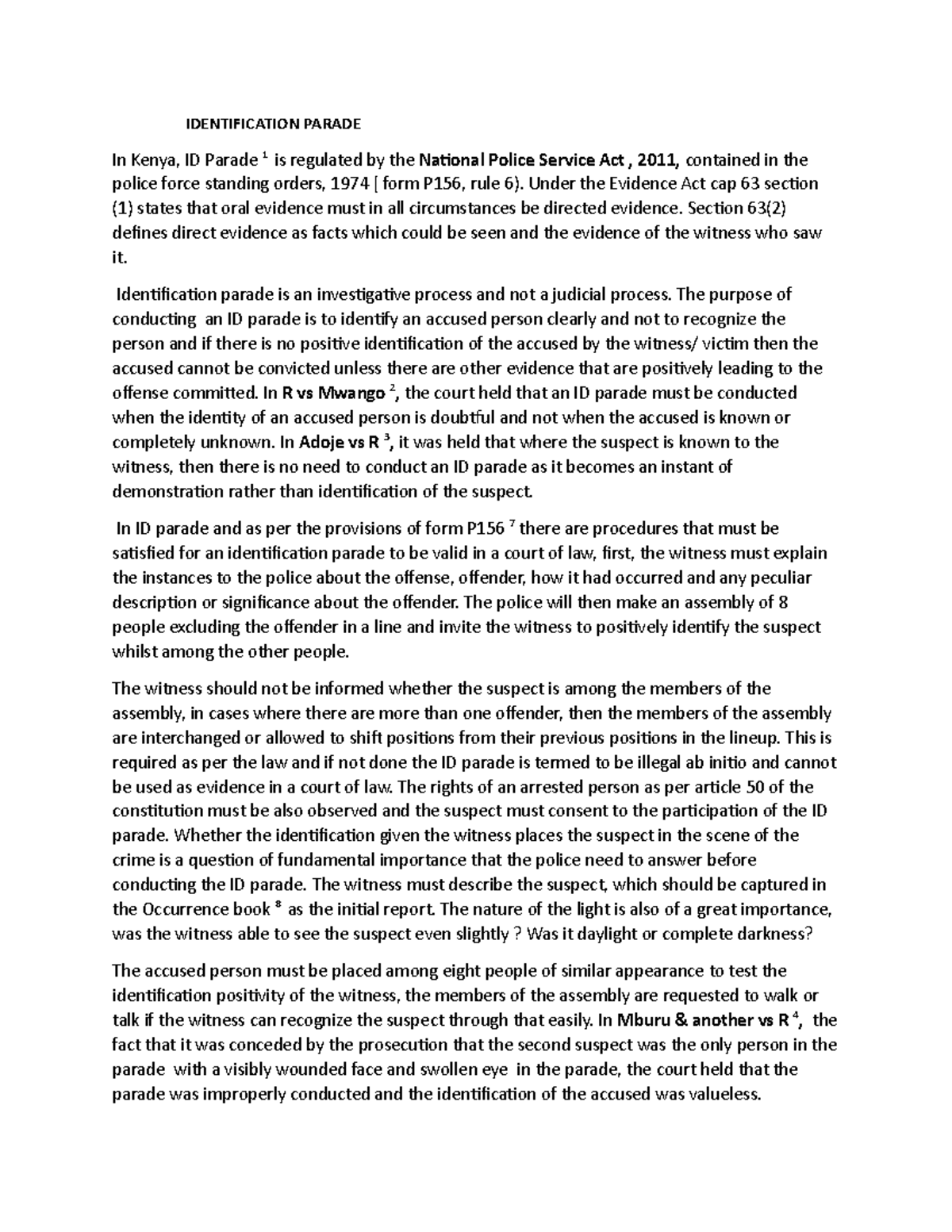 ID Parade Procedures and Legal Guidelines in Kenya - NPS Act 2011 - Studocu