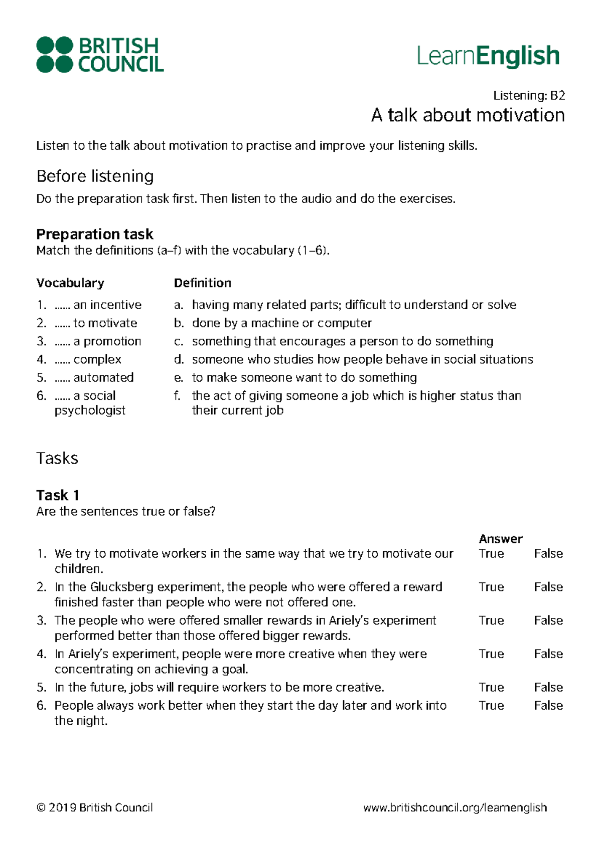 Listening Skills Practice: B2 Motivation Talk Guide - Studocu