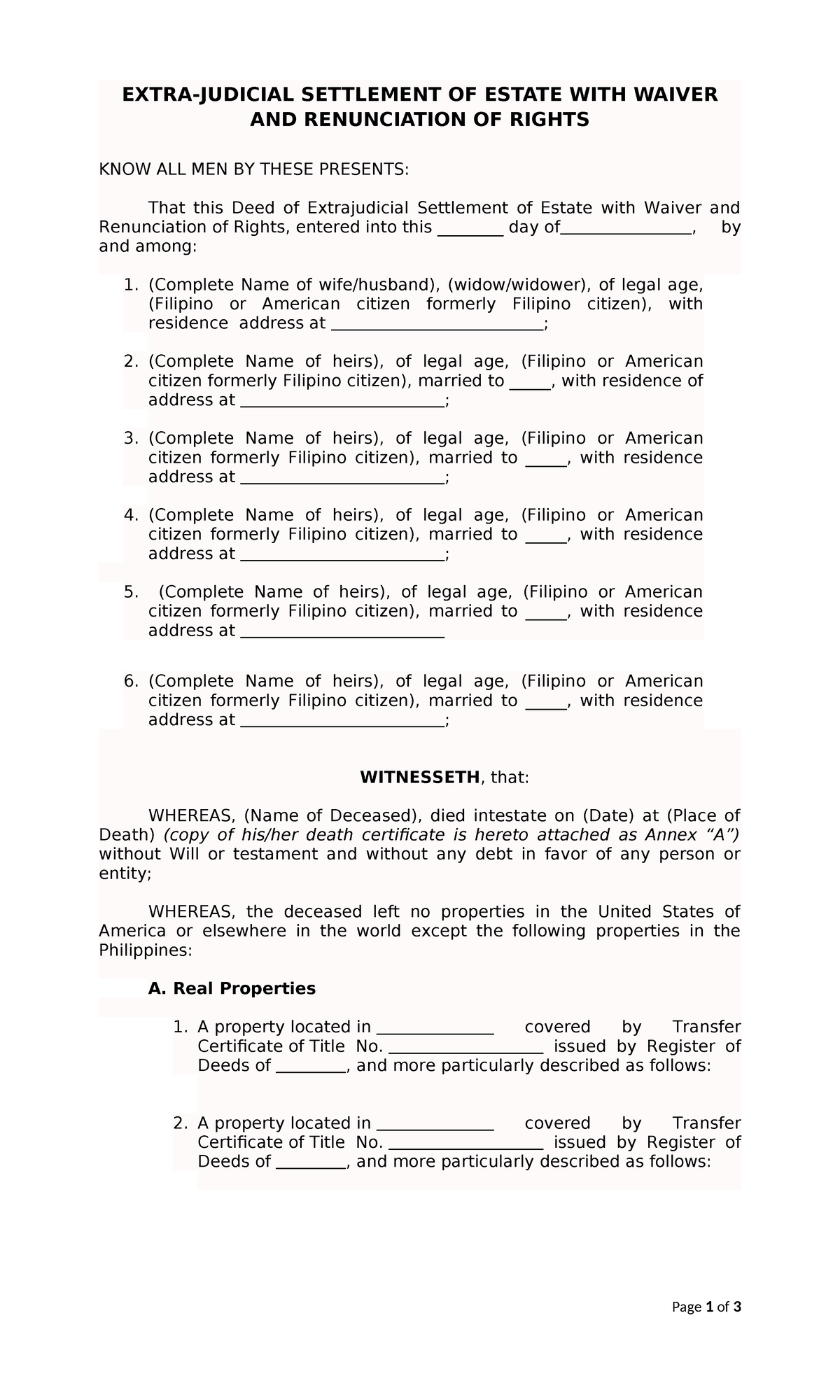 Extra-Judicial Settlement of Estate with Waiver and Renunciation - Studocu