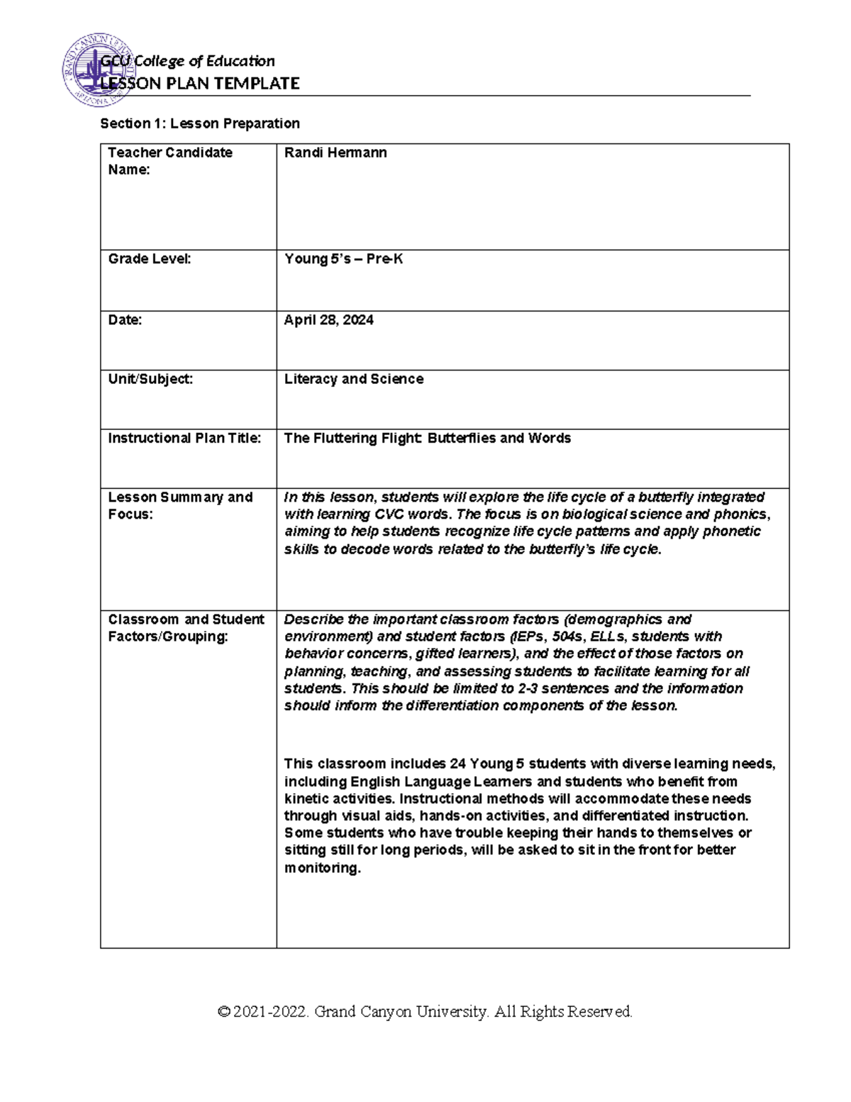 Lesson Plan-4-28-24 - LESSON PLAN TEMPLATE Section 1: Lesson ...
