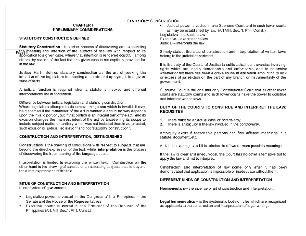 STAT 101: Statutory Construction Notes and Key Concepts - Studocu