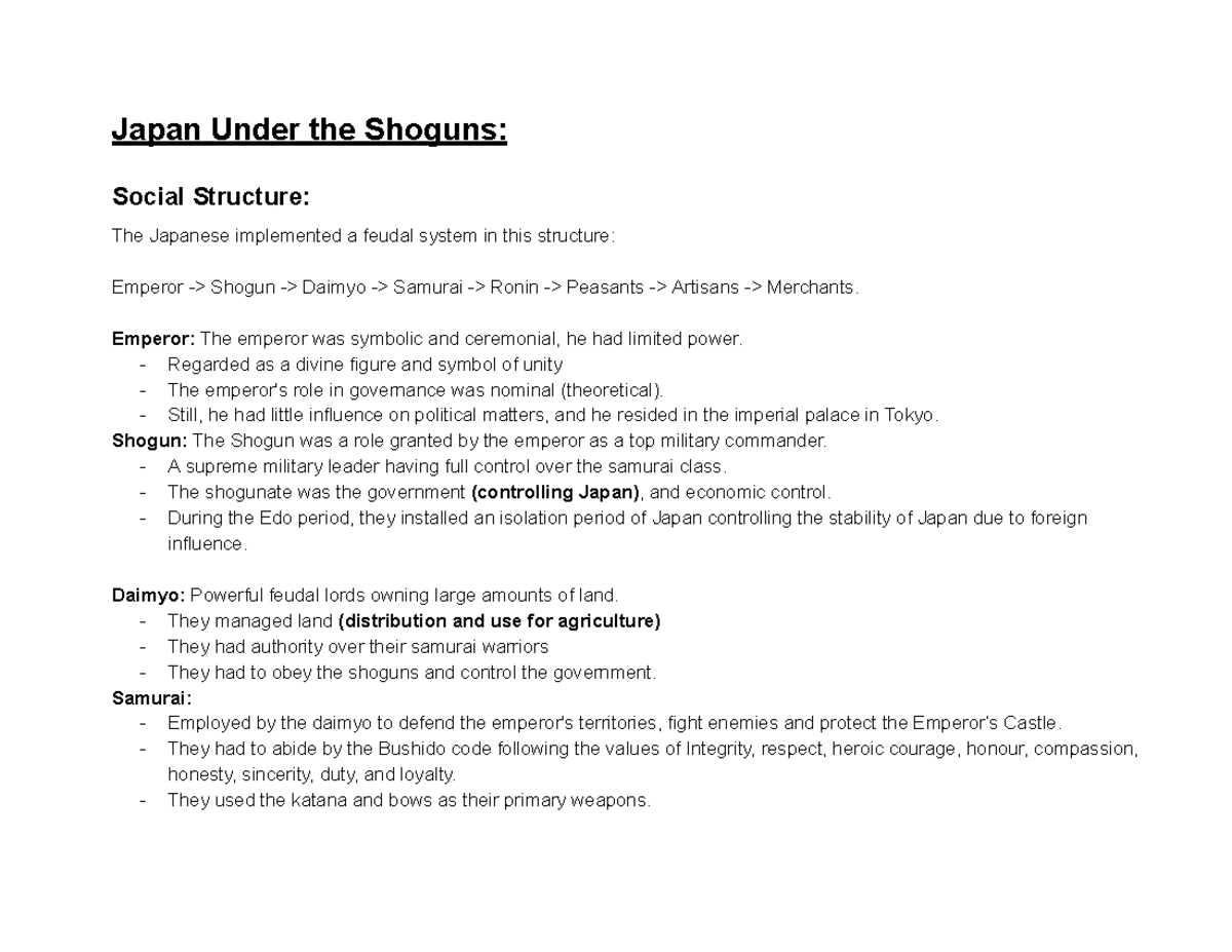 History AT4 Notes: Japan's Feudal System Under the Shoguns - Studocu