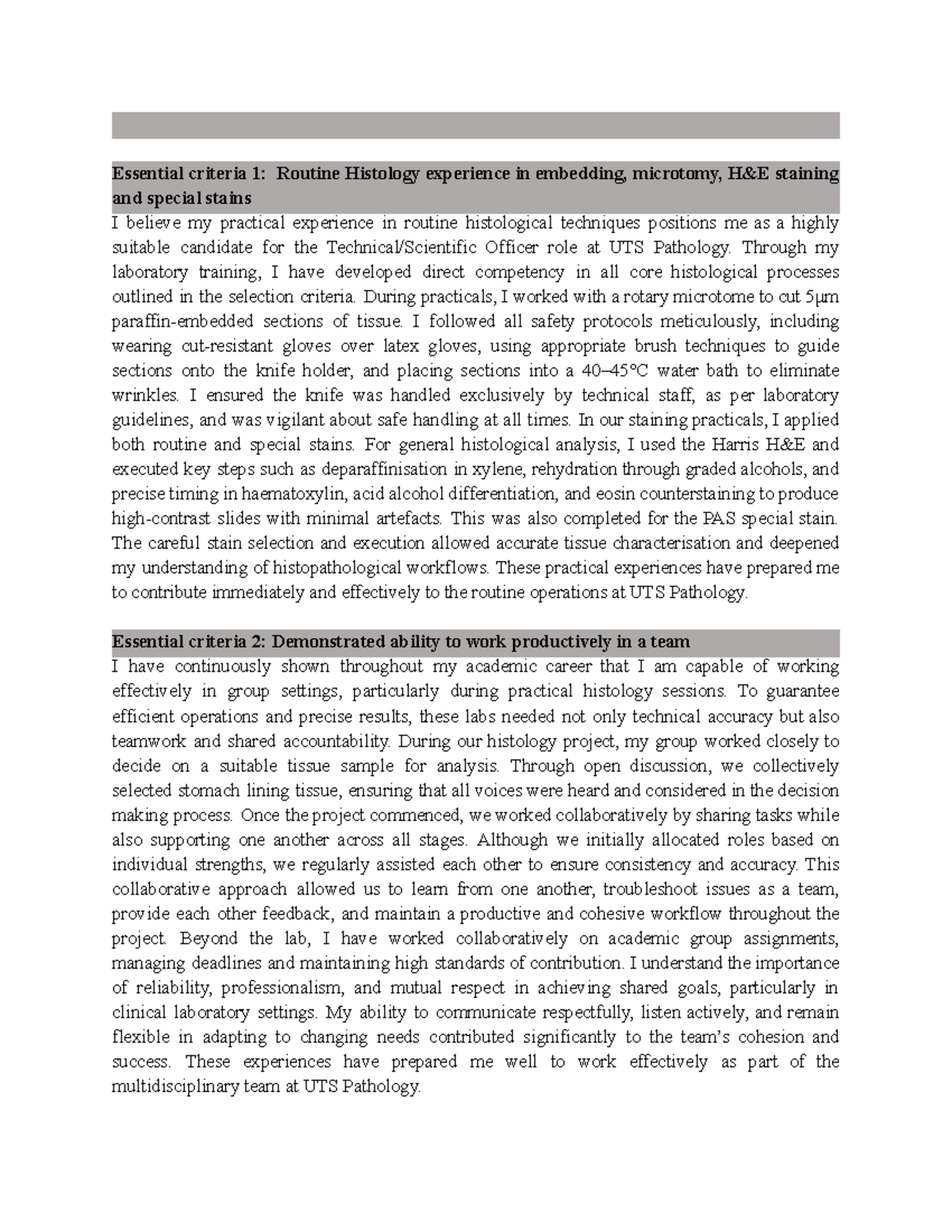 Histology Criteria for UTS Pathology Officer Role Application - Studocu