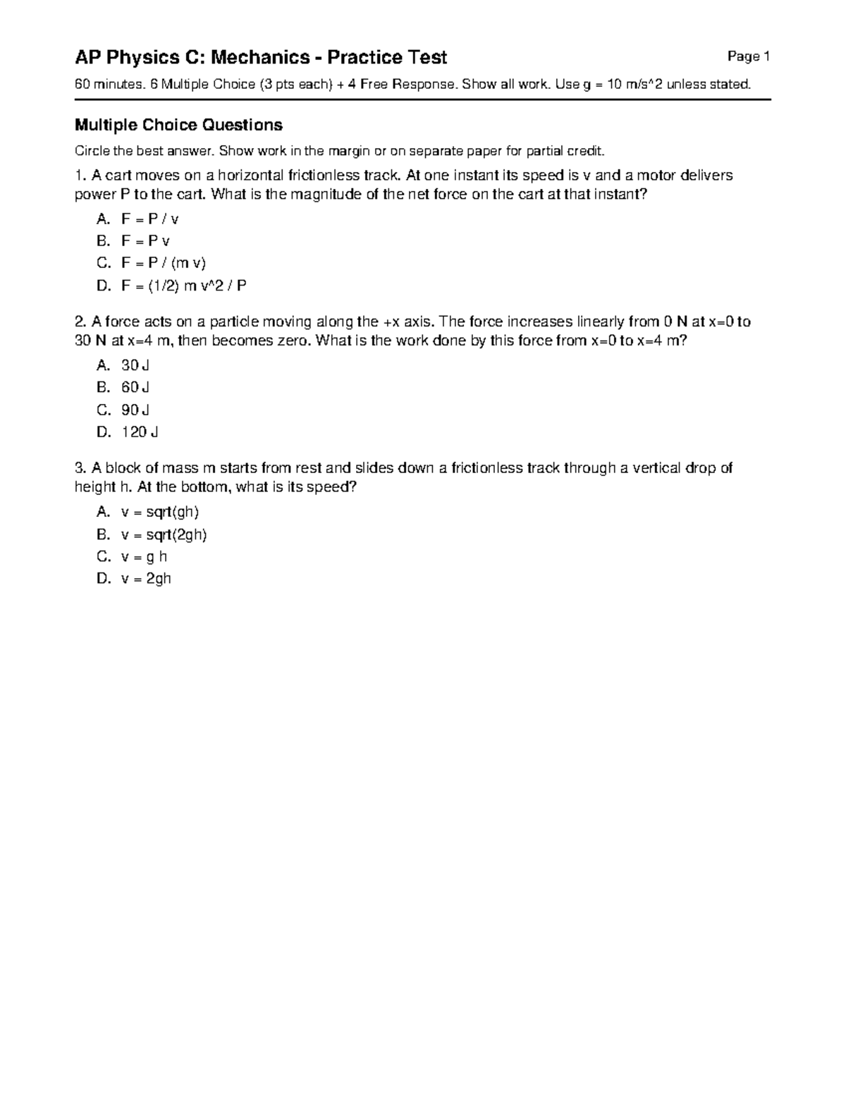 AP Physics C: Mechanics Practice Test - Multiple Choice & FRQs - Studocu