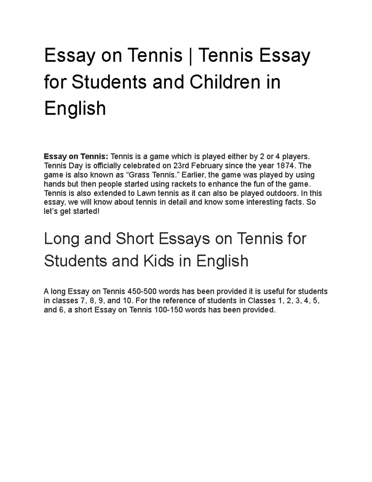 Tennis Essay for Students: Long and Short Versions in English - Studocu