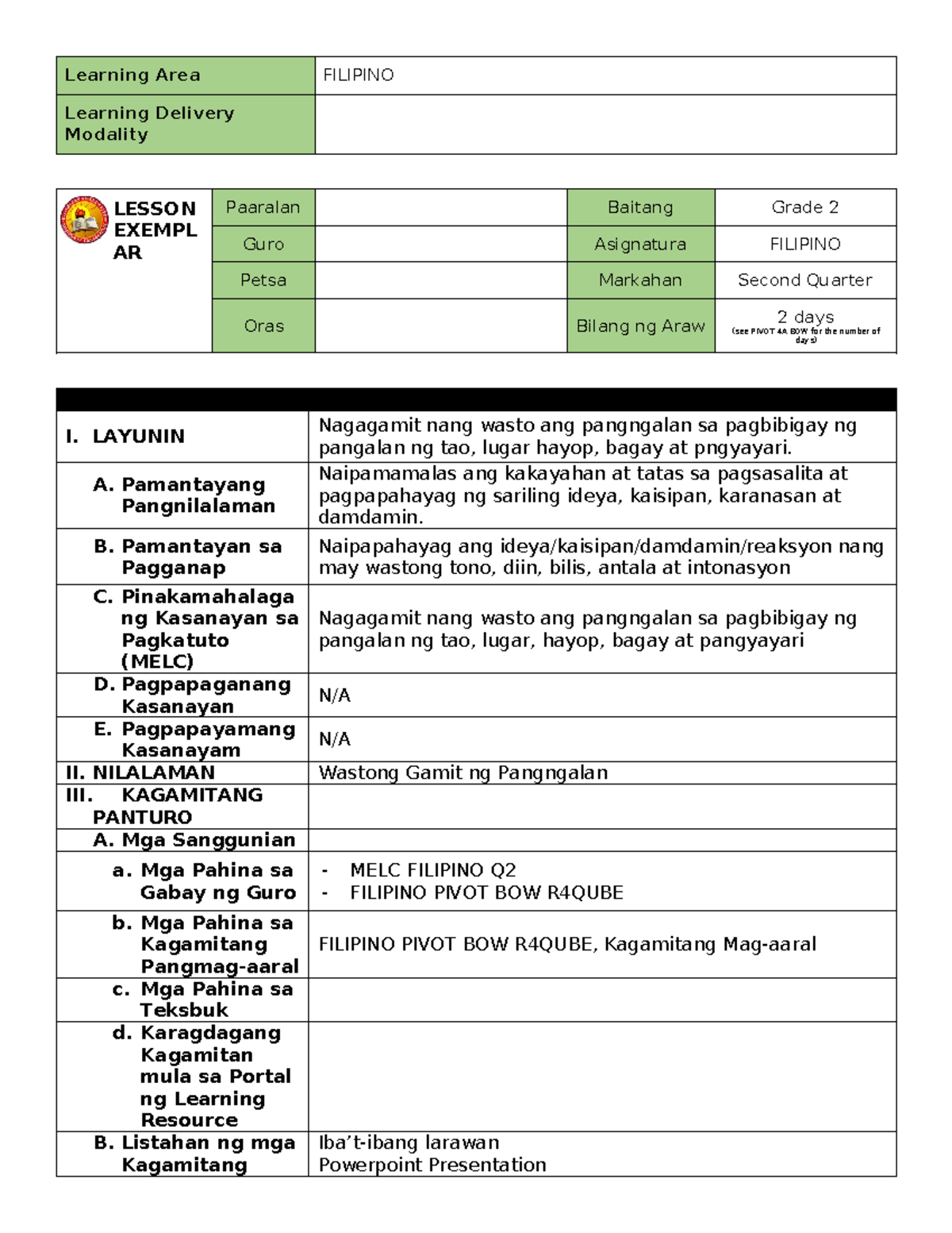 Pangngalan Lesson Plan - Grade 2 Filipino (2nd Quarter) - Studocu