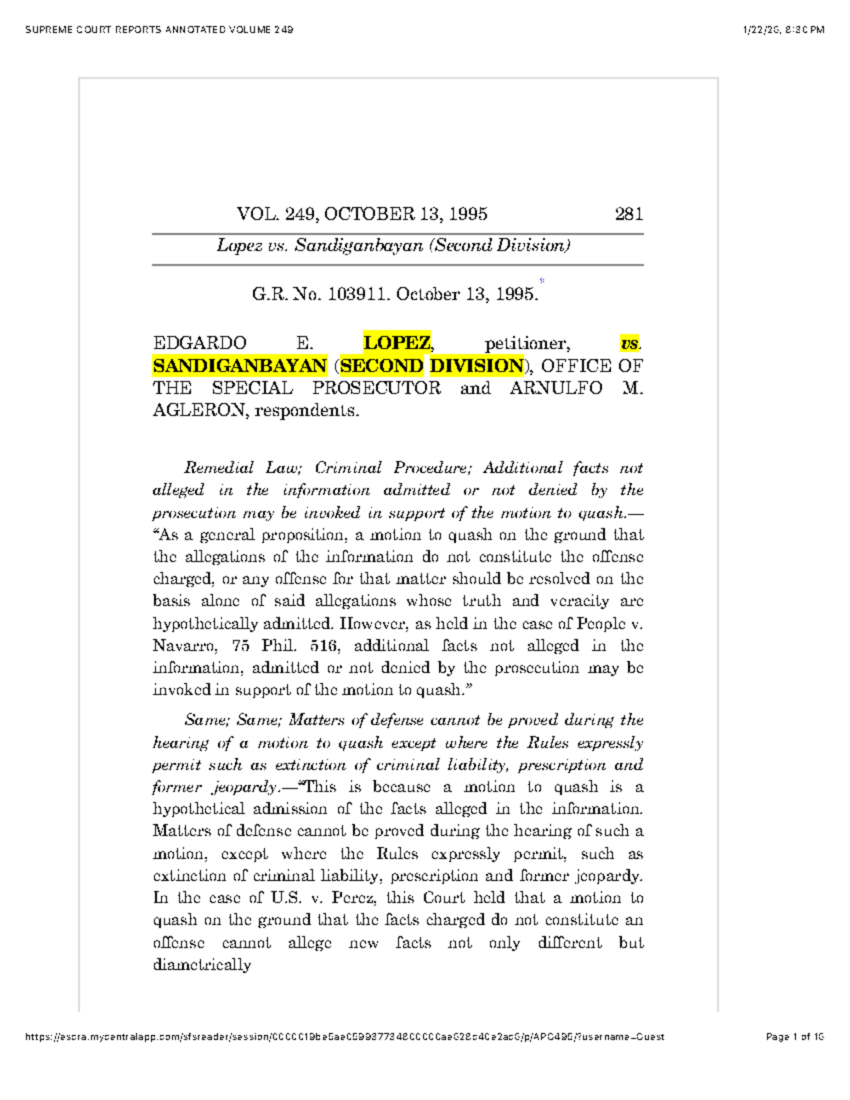 Lopez vs. Sandiganbayan: Supreme Court Ruling on Motion to Quash (G.R ...