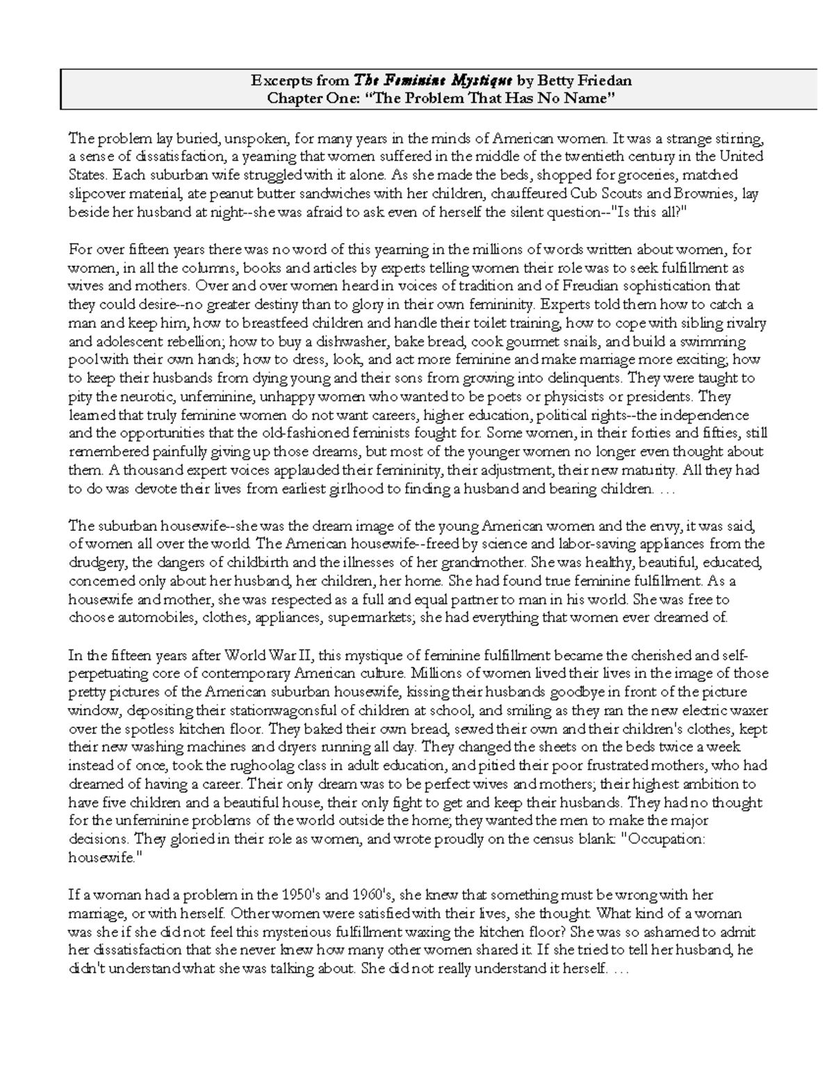 The Feminine Mystique: Understanding Women's Silent Struggles (Chapter ...