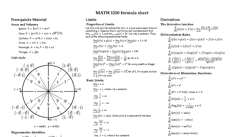 MATH 1200 Final Exam Formula Sheet: Areas, Volumes, and Derivatives ...