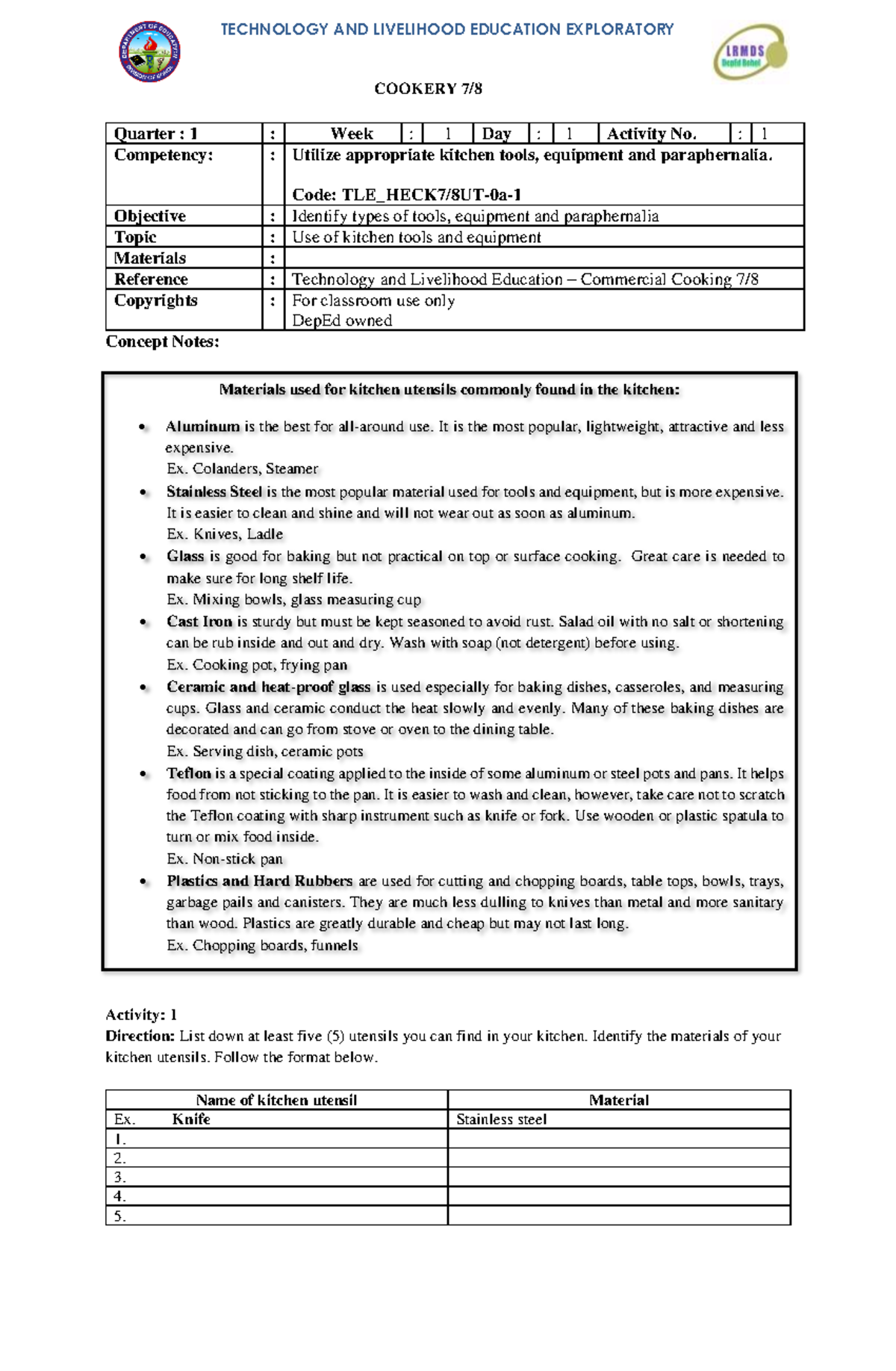 TLE COOKERY 7: Week 1 Activities D1-D4 on Kitchen Tools - Studocu