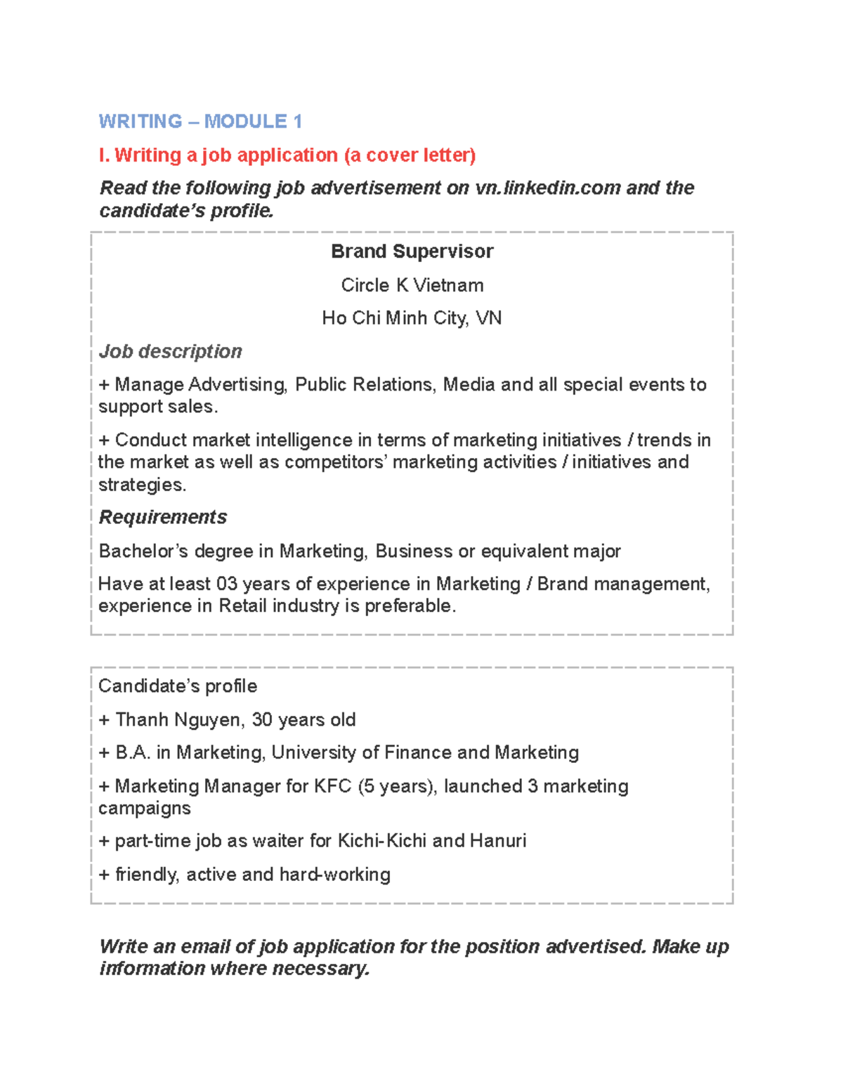 Writing Module 1 - dfdfd - WRITING – MODULE 1 I. Writing a job ...