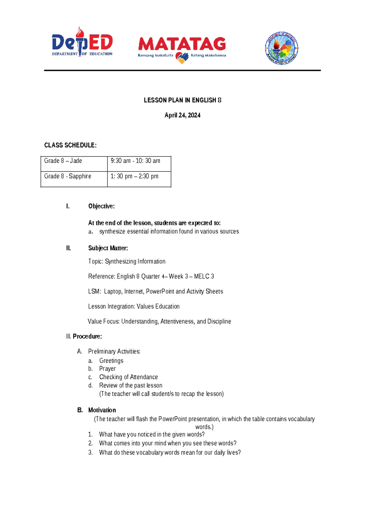Lesson PLAN (Synthesizing Information in English 8) - Studocu